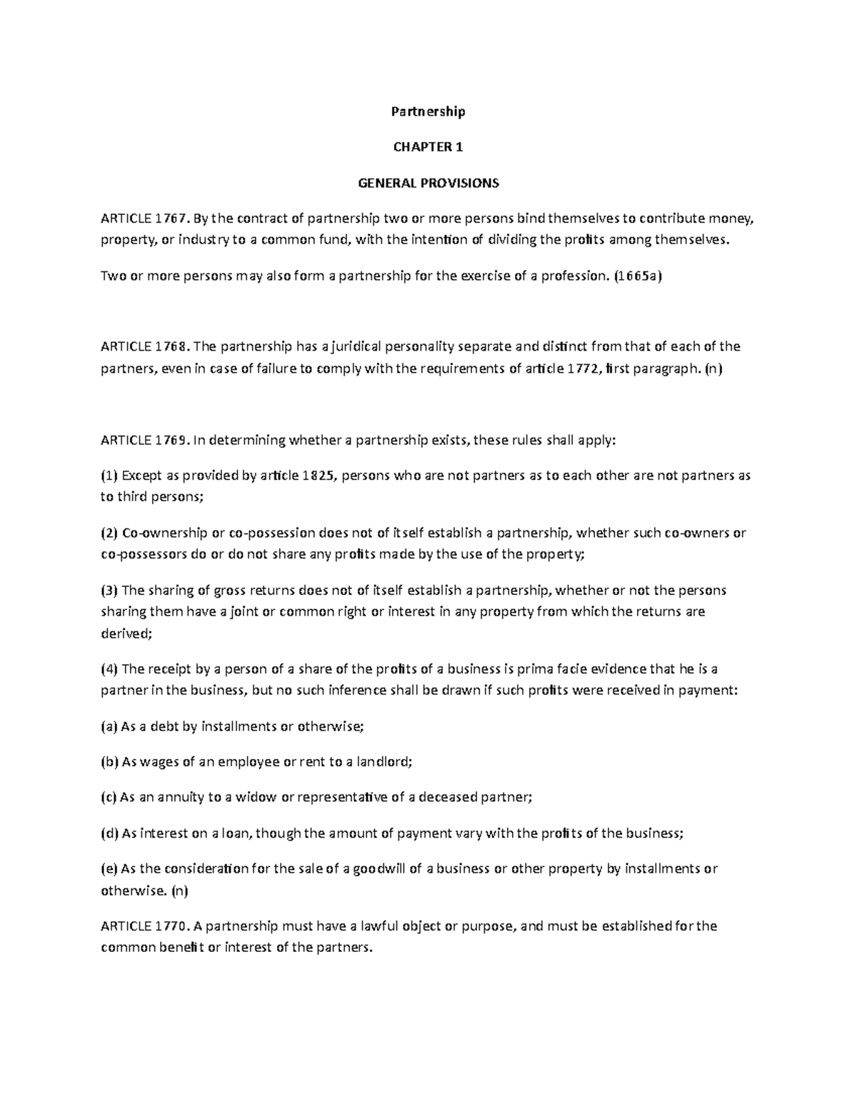 Partnership - Partnership CHAPTER 1 GENERAL PROVISIONS ARTICLE 1767. By ...