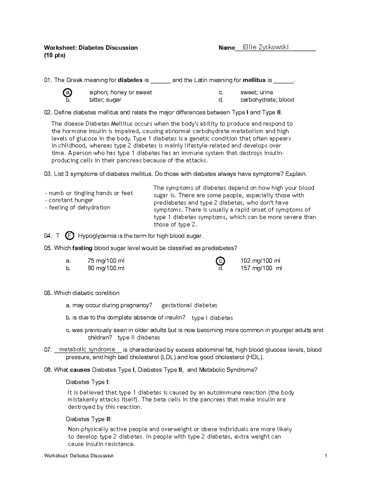 Diabetes Worksheet - Worksheet: Diabetes Discussion 1 Worksheet ...