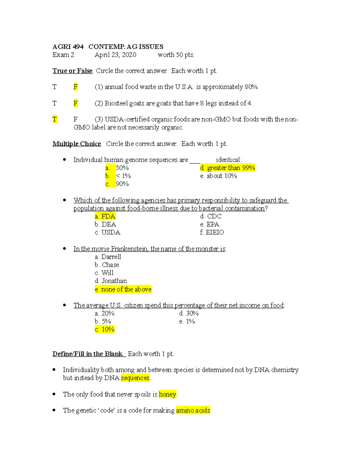 494 exam 2 201 - 494 EXAM 2 PRACTICE - AGRI 494 CONTEMP. AG ISSUES Exam ...