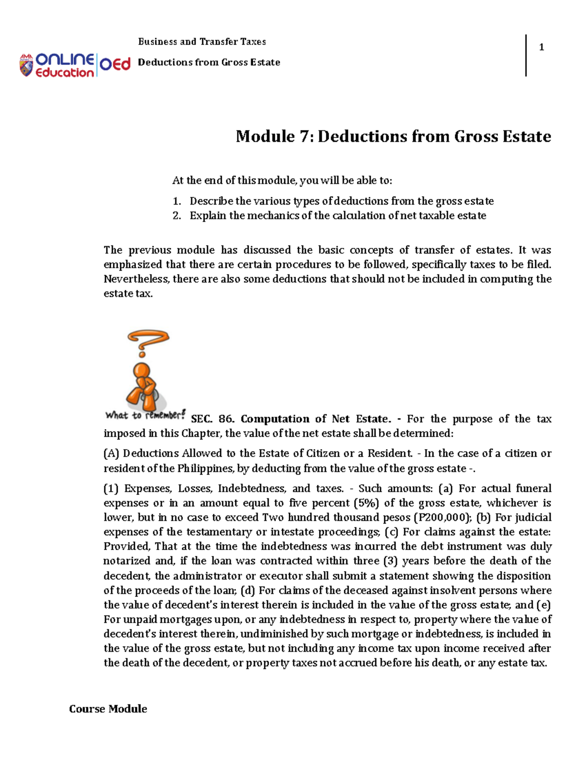 Module 007 - Deductions from Gross Estate - Business and Transfer Taxes ...