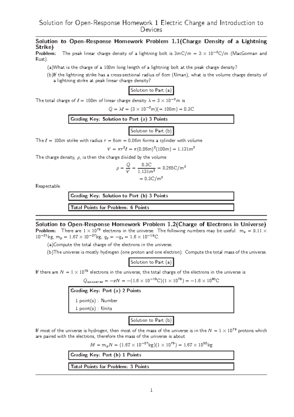 Homework-1-sln - Solution for Open-Response Homework 1 Electric Charge ...