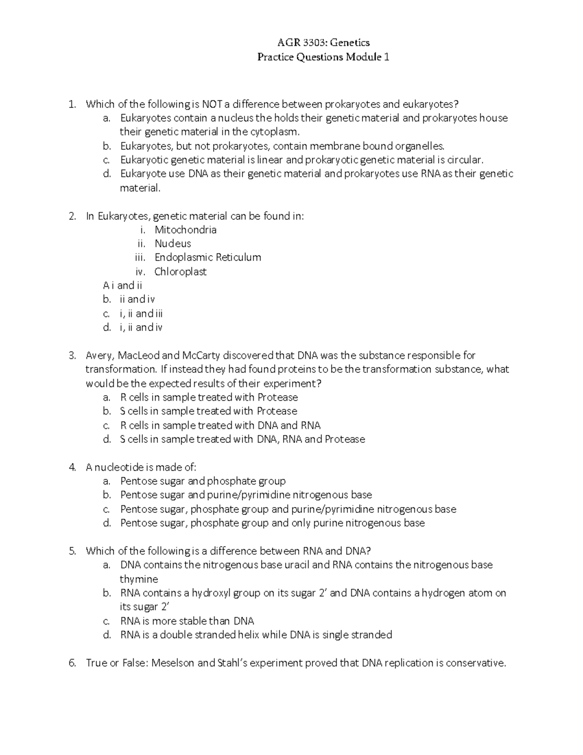 Practice Questions Module 1 AGR 3303 - AGR 3303: Genetics Practice ...