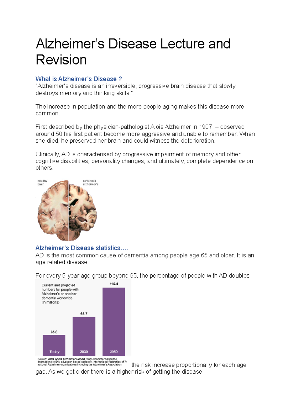 Alzheimer's Disease Lecture and Revision - Alzheimer’s Disease Lecture ...