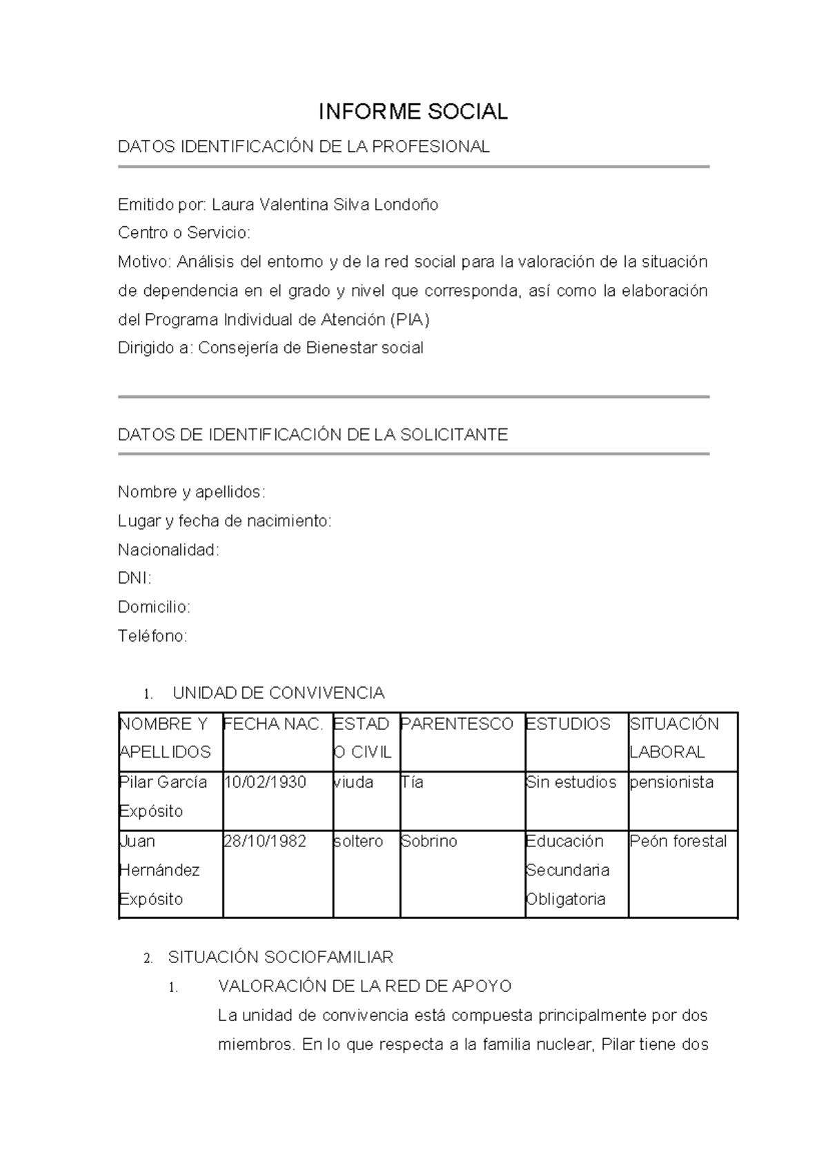 Modelo Informe Social - INFORME SOCIAL DATOS IDENTIFICACIÓN DE LA ...