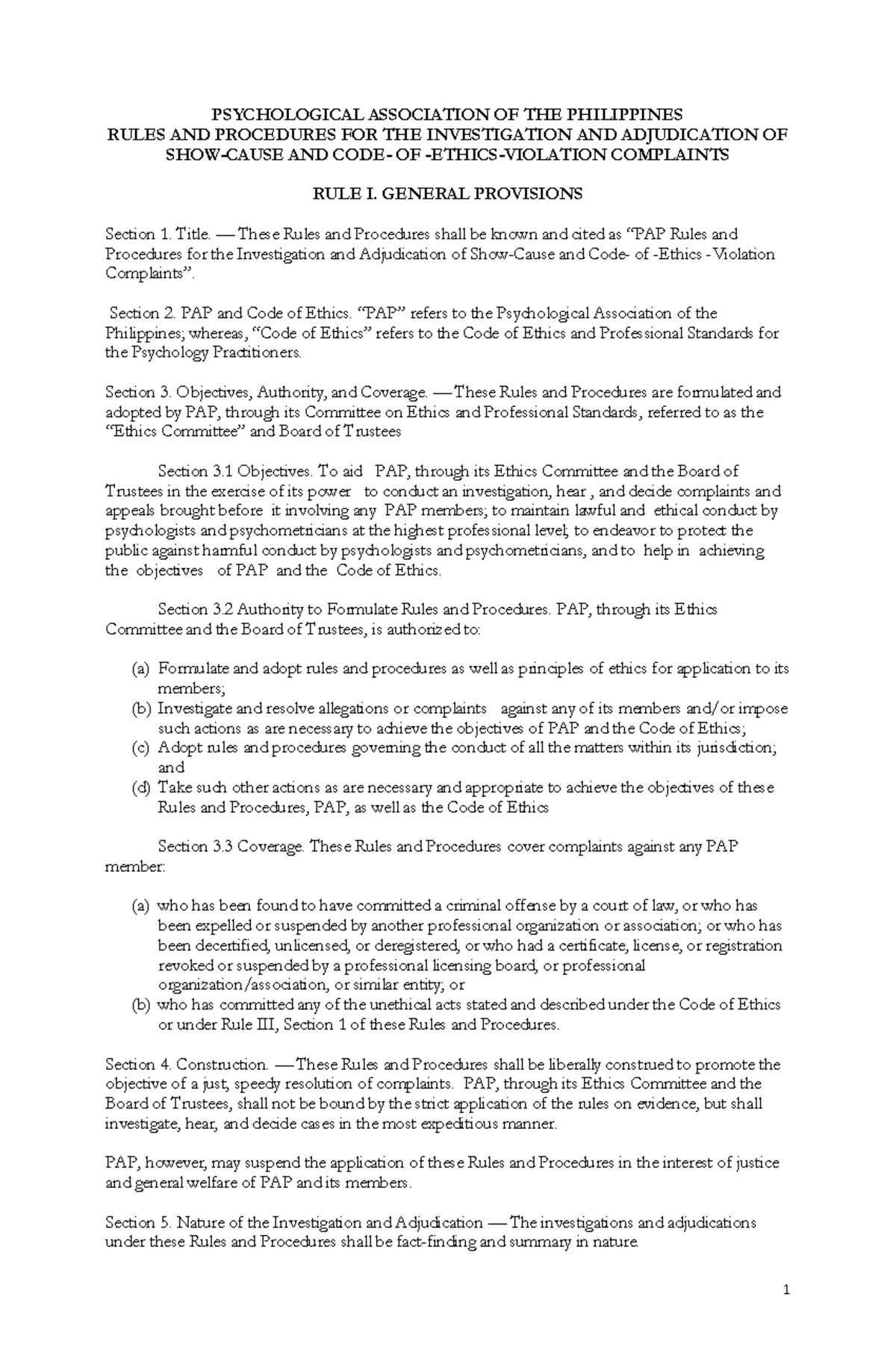 PAP Ethics: Rules and Procedures - PSYCHOLOGICAL ASSOCIATION OF THE ...