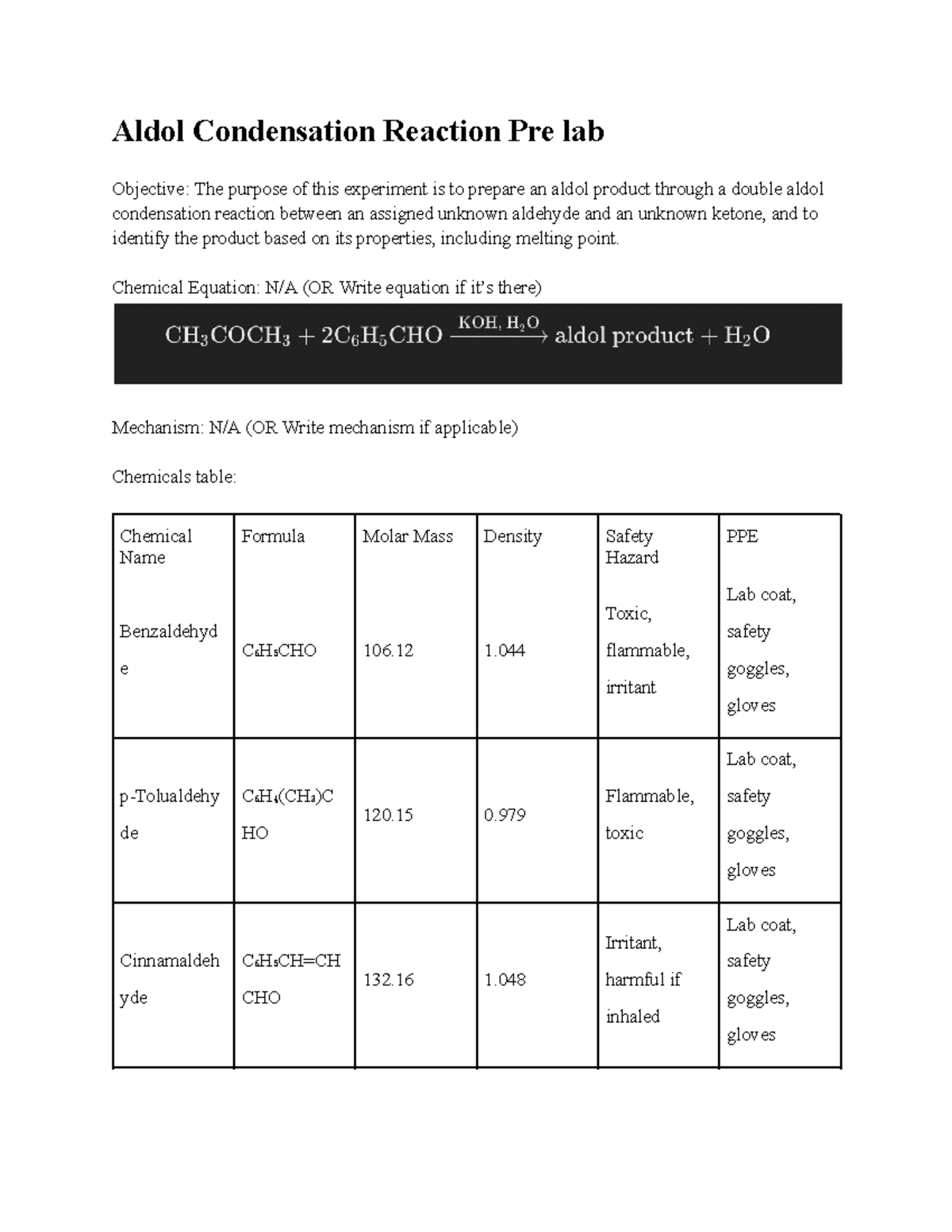 Aldol Condensation Reaction Pre lab - Aldol Condensation Reaction Pre ...