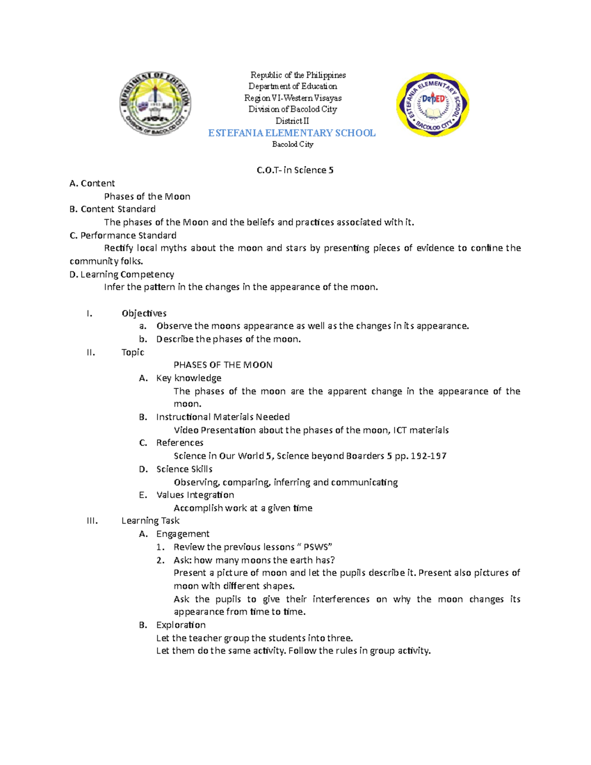 COT Plan - sample COT plan - Republic of the Philippines Department of ...