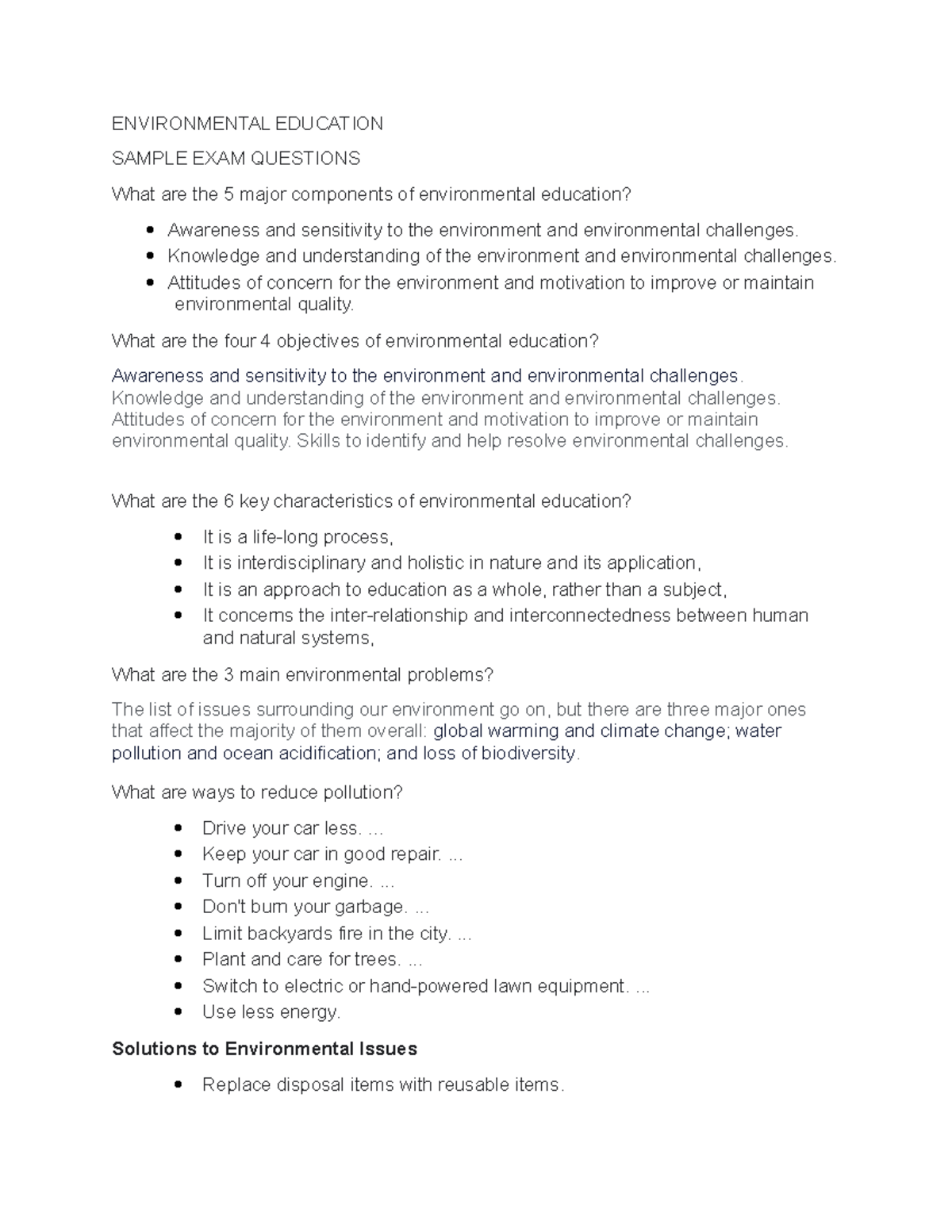 Environmental Education Sample EXAM Questions - ENVIRONMENTAL EDUCATION ...
