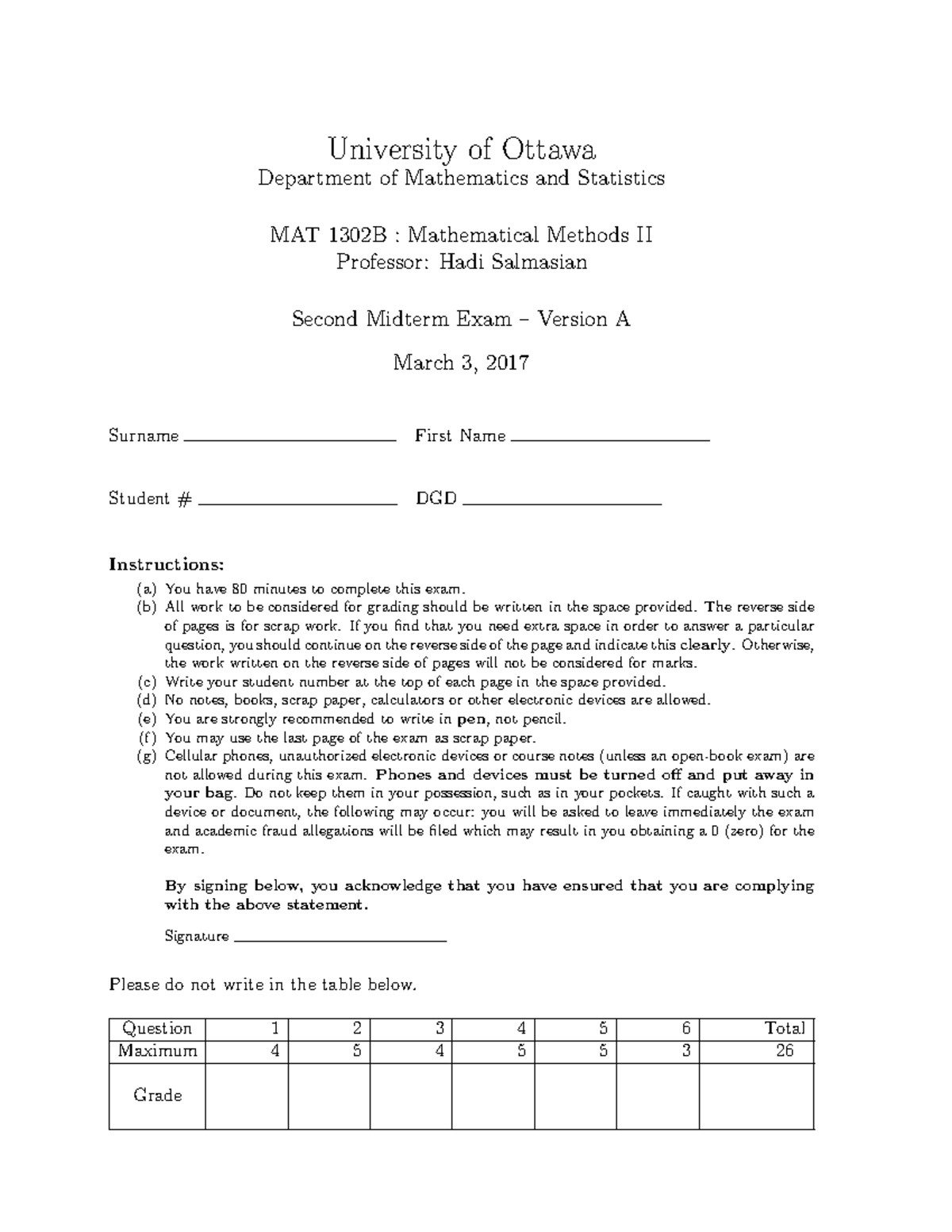 W17 Midterm 2 solution - University of Ottawa Department of Mathematics ...