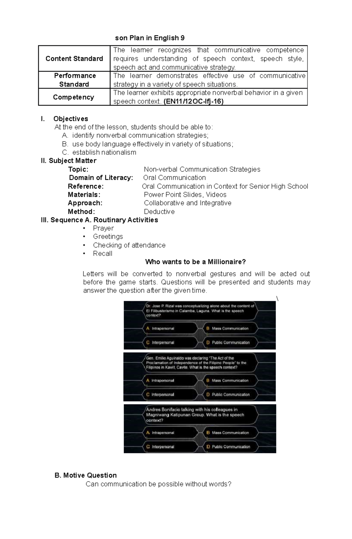 SHS Applicant Lesson Plan for Demo Teaching - son Plan in English 9 ...