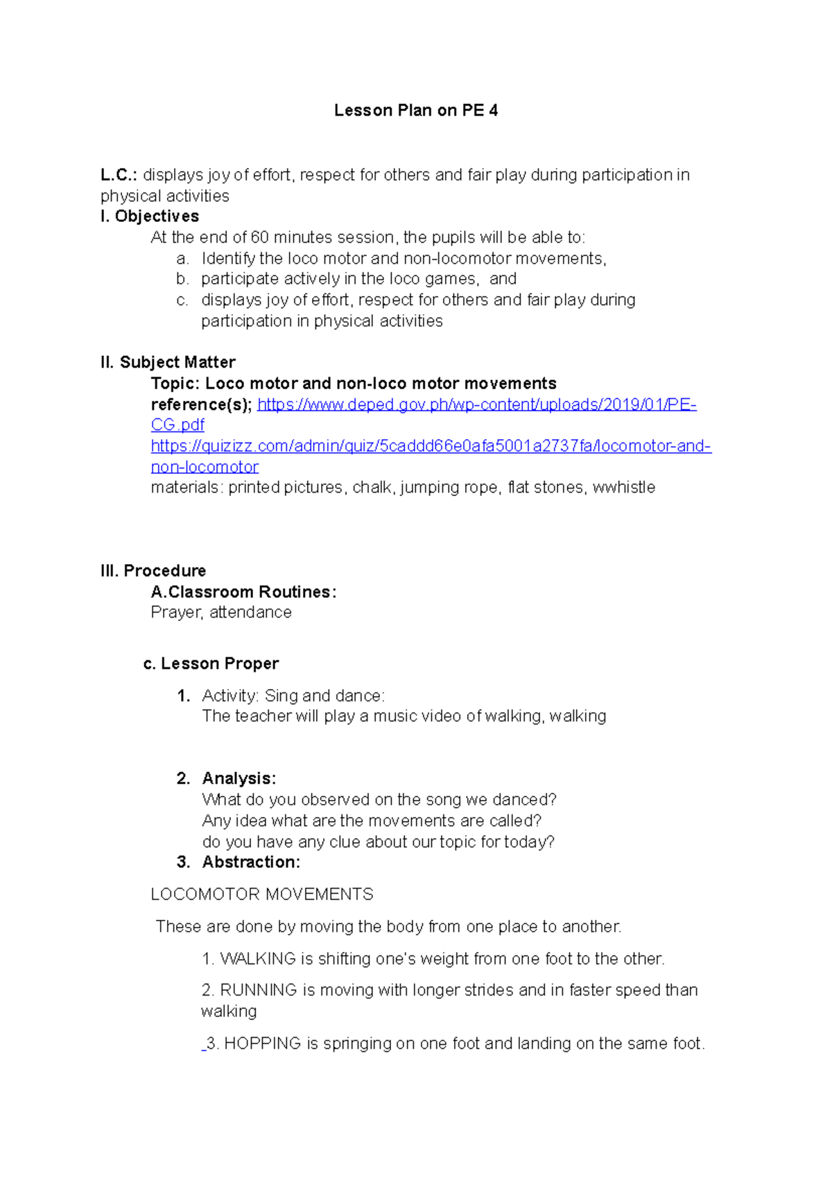 Lessonplan pe - Lesson plan PE integration for children with special ...