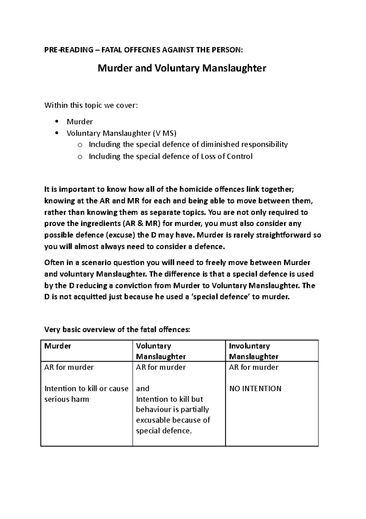 fatal offences workbook - PRE-READING – FATAL OFFECNES AGAINST THE ...