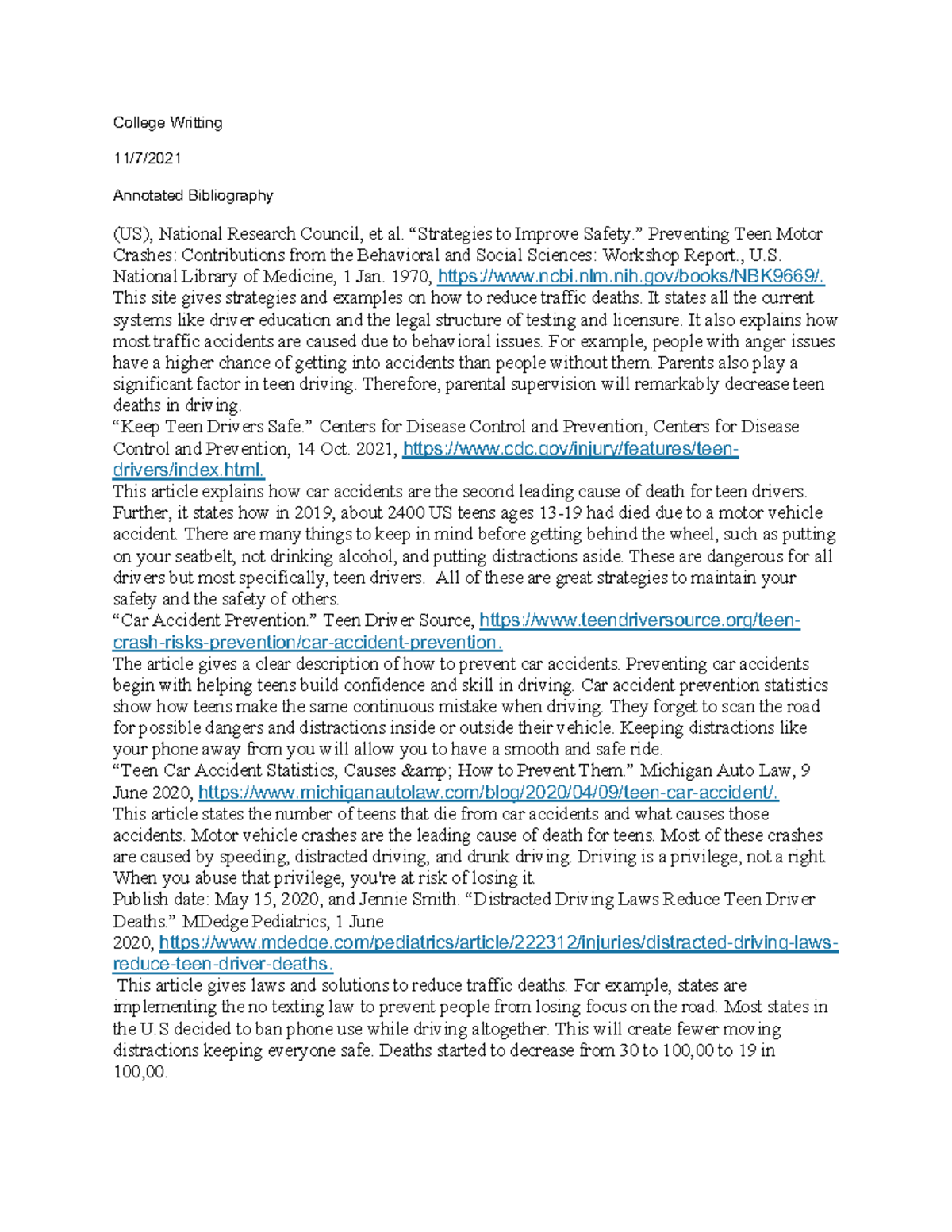 Doc'4 - Annotated Bibliography - College Writting 11/7/ Annotated ...