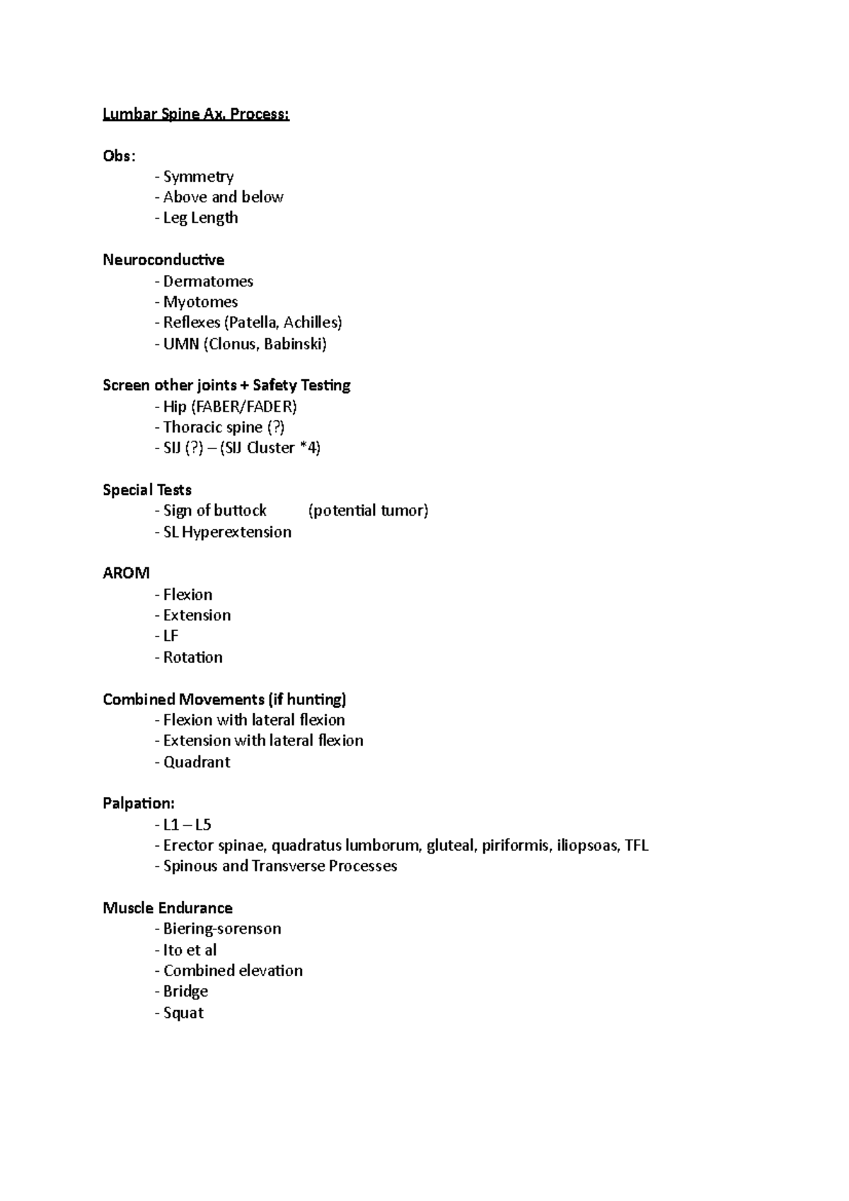 Lumbar Spine Ax - Physiotherapy class notes, Ax process and pathologies ...