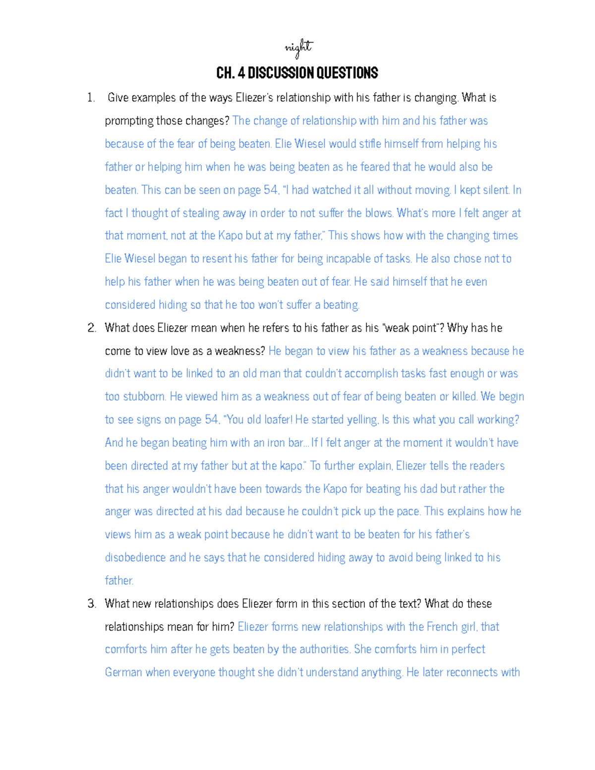 Copy of Ch. 4 Discussion Qs - Night - Ch. 4 Discussion Questions Give ...