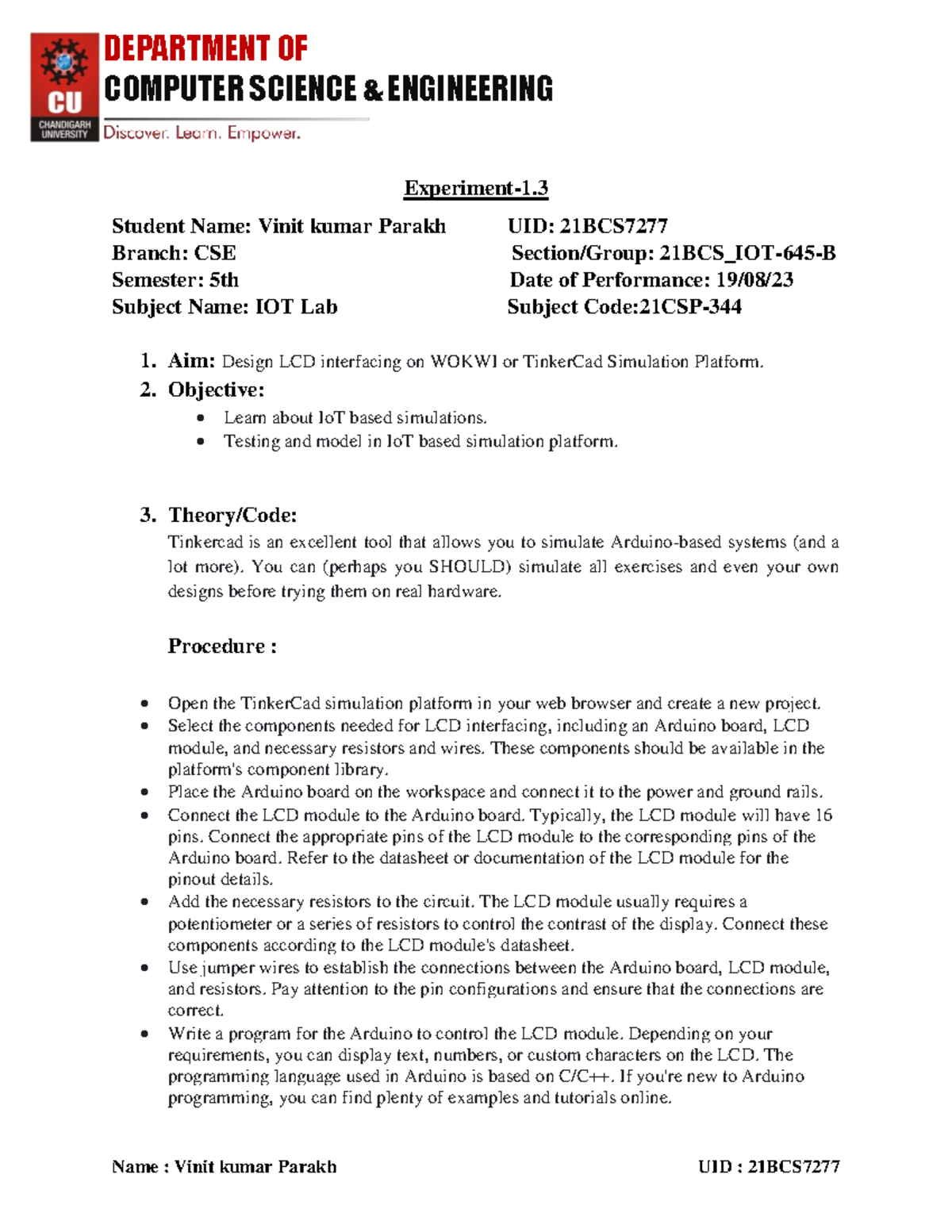 Vinit iot1 - worksheet chandigarh university - Name : Vinit kumar ...