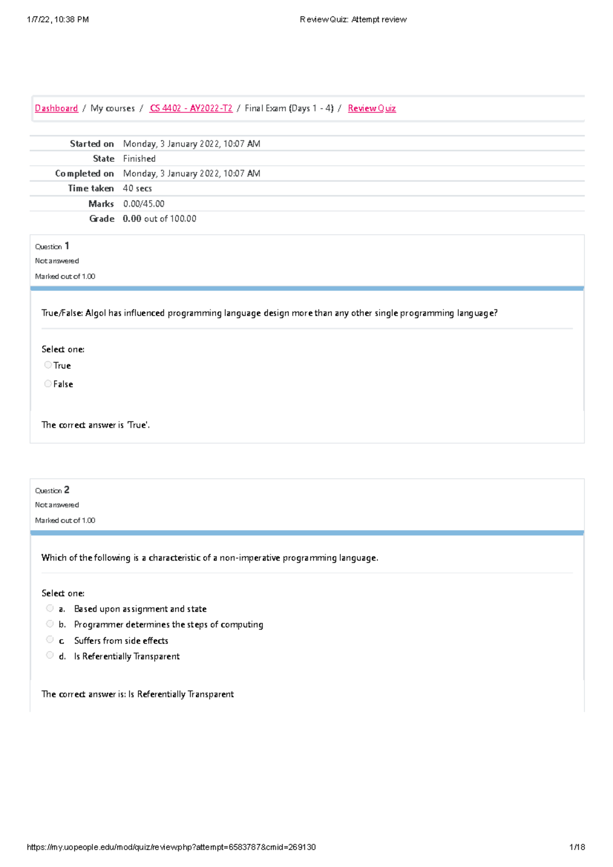 Review Quiz Attempt review - Started on Monday, 3 January 2022, 10:07 ...
