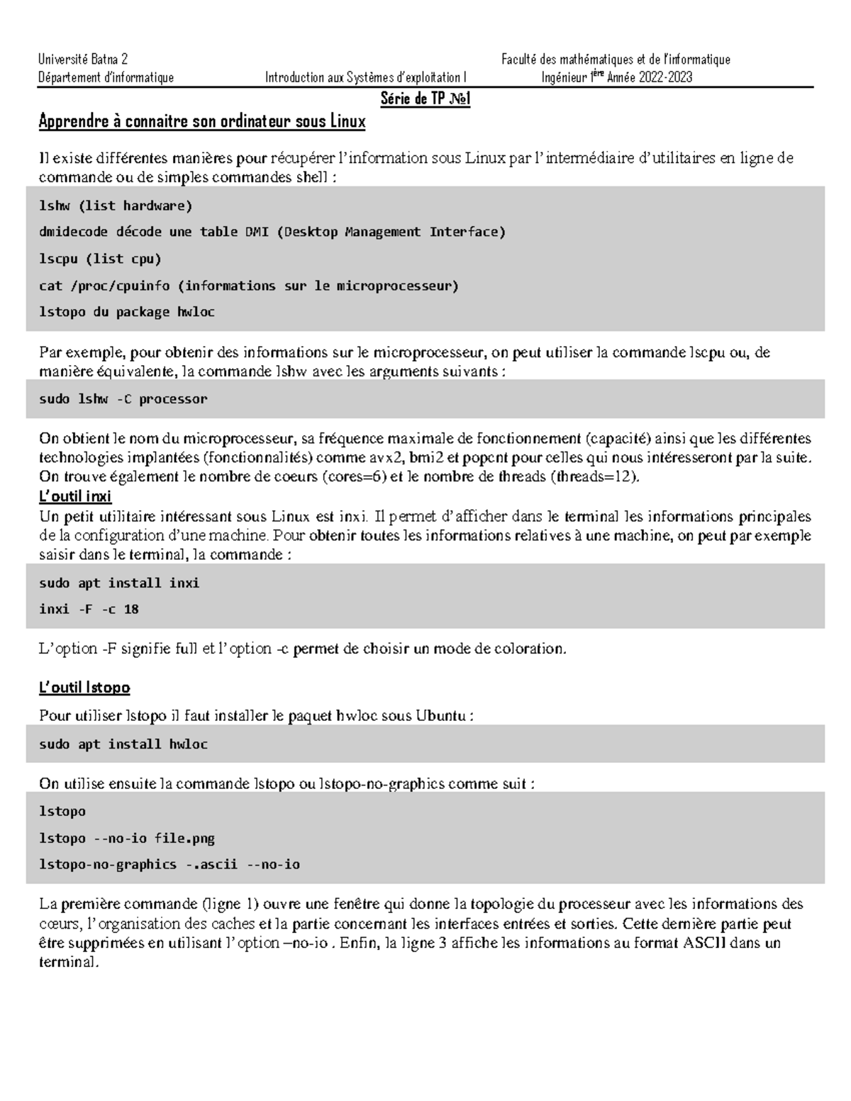 Serie de tp n1 - Série de TP №1 - Université Batna 2 Faculté des mathématiques et de l ...