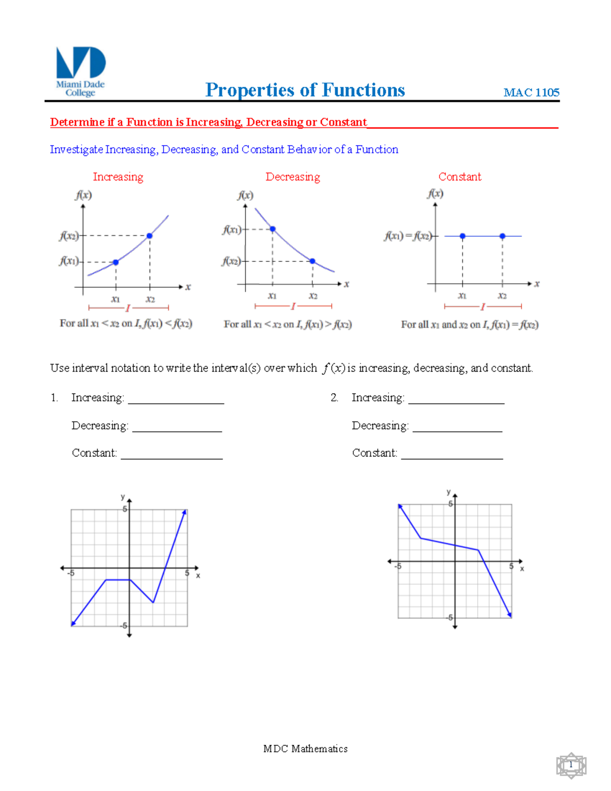 MAC1105Propertiesof Functions Sec - MDC Mathematics Properties of Functions MAC 1105 Determine ...