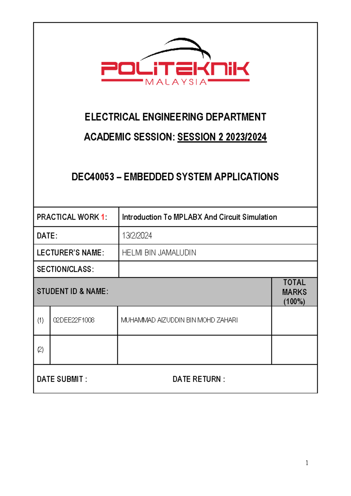 Report Template F1008 DIN - ELECTRICAL ENGINEERING DEPARTMENT ACADEMIC ...