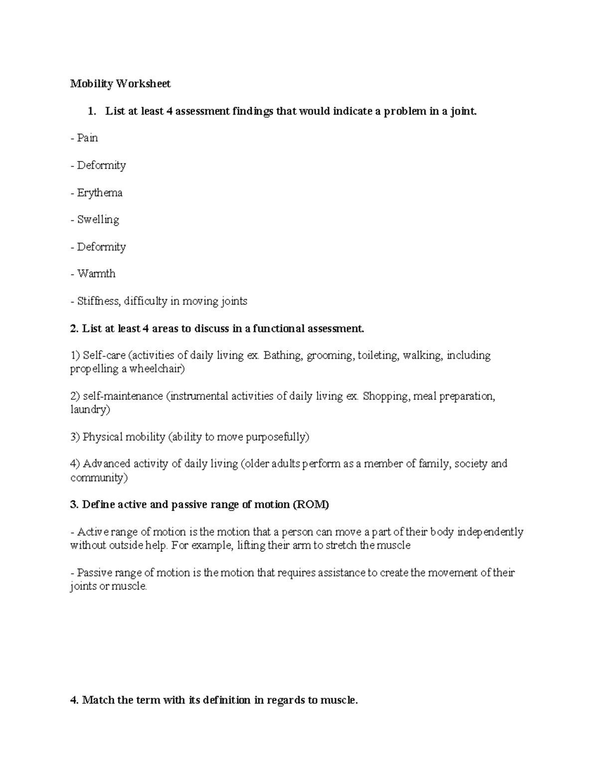 Mobility Worksheet - List at least 4 assessment findings that would ...