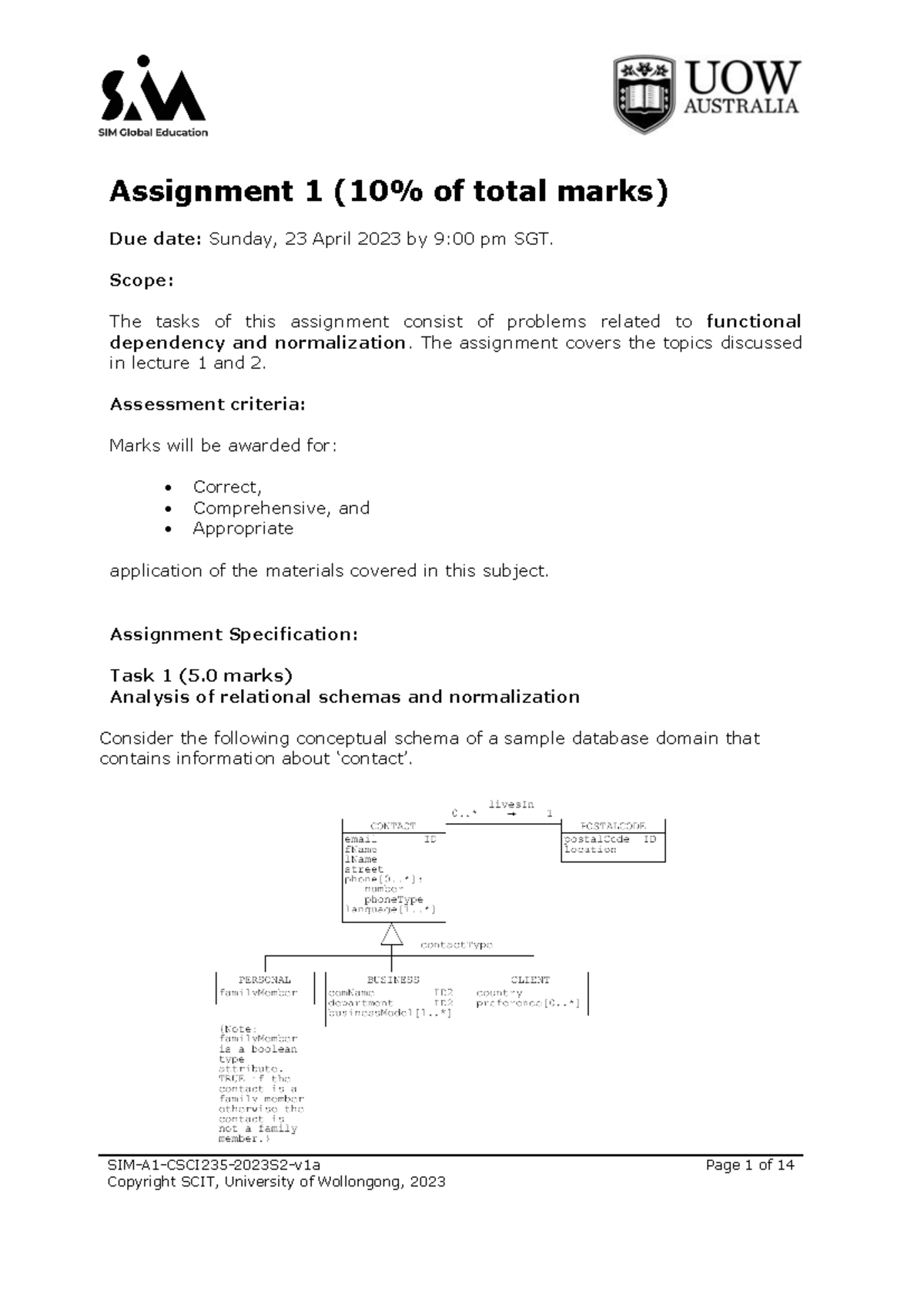 SIM A1 CSCI235 2023S2 v1a Sample Solution - SIM-A1-CSCI235-2023S2-v1a Page 1 of 14 Assignment 1 ...