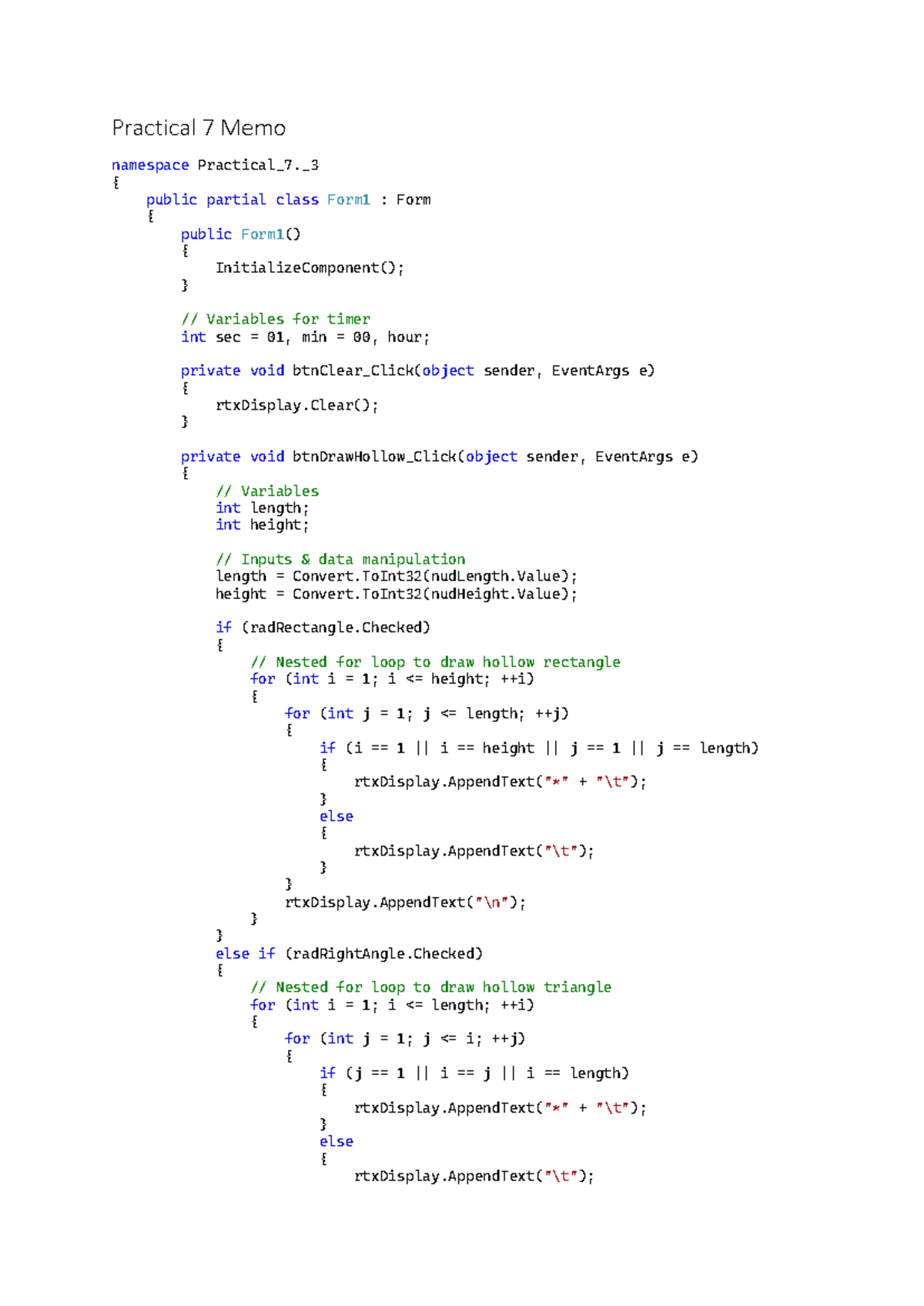 ALL Practical Memos - Practical 7 Memo namespace Practical_7._ { public partial class Form1 ...