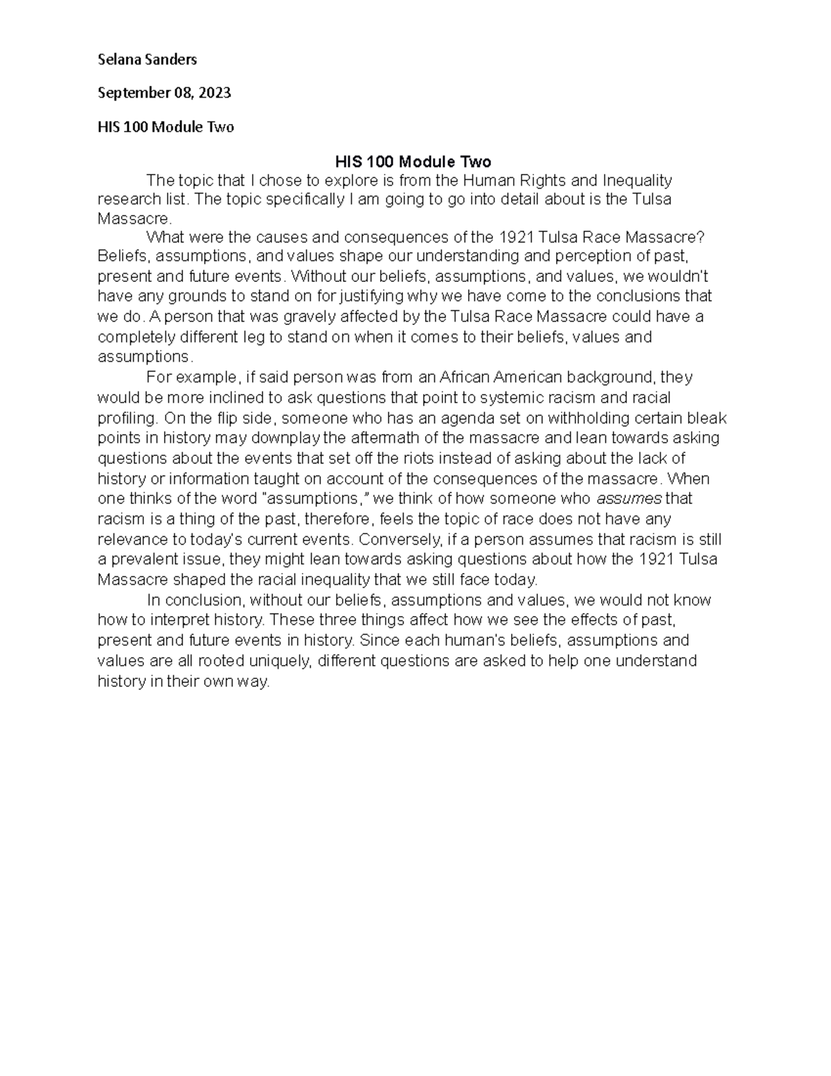 HIS 100 Module Two Activity - Selana Sanders September 08, 2023 HIS 100 ...