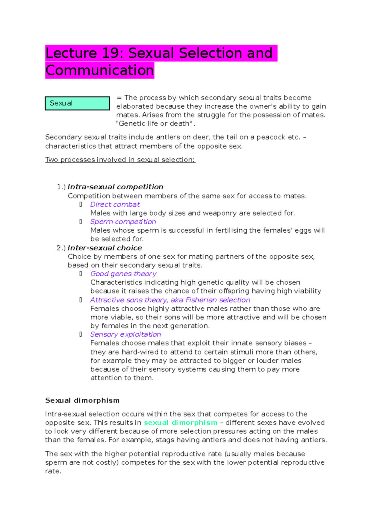 Lecture 19- Sexual Selection and Communication - Lecture 19: Sexual ...