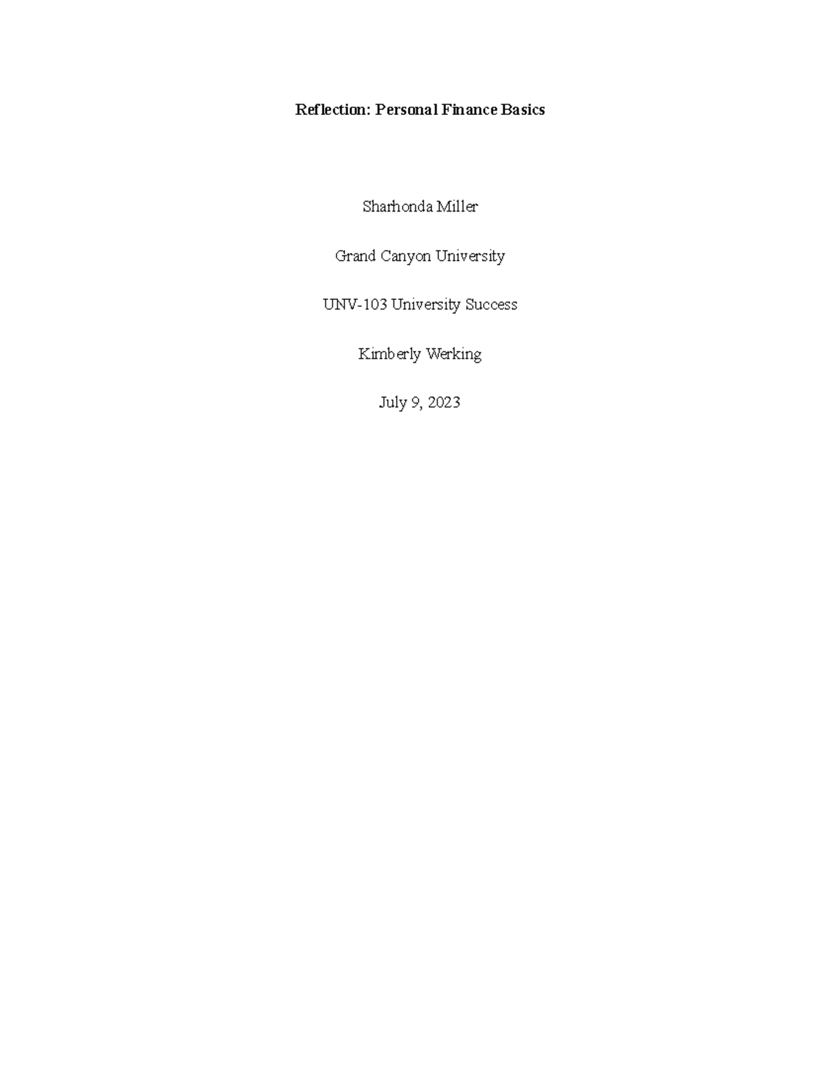 Reflection Topic 6 - Reflection: Personal Finance Basics Sharhonda ...