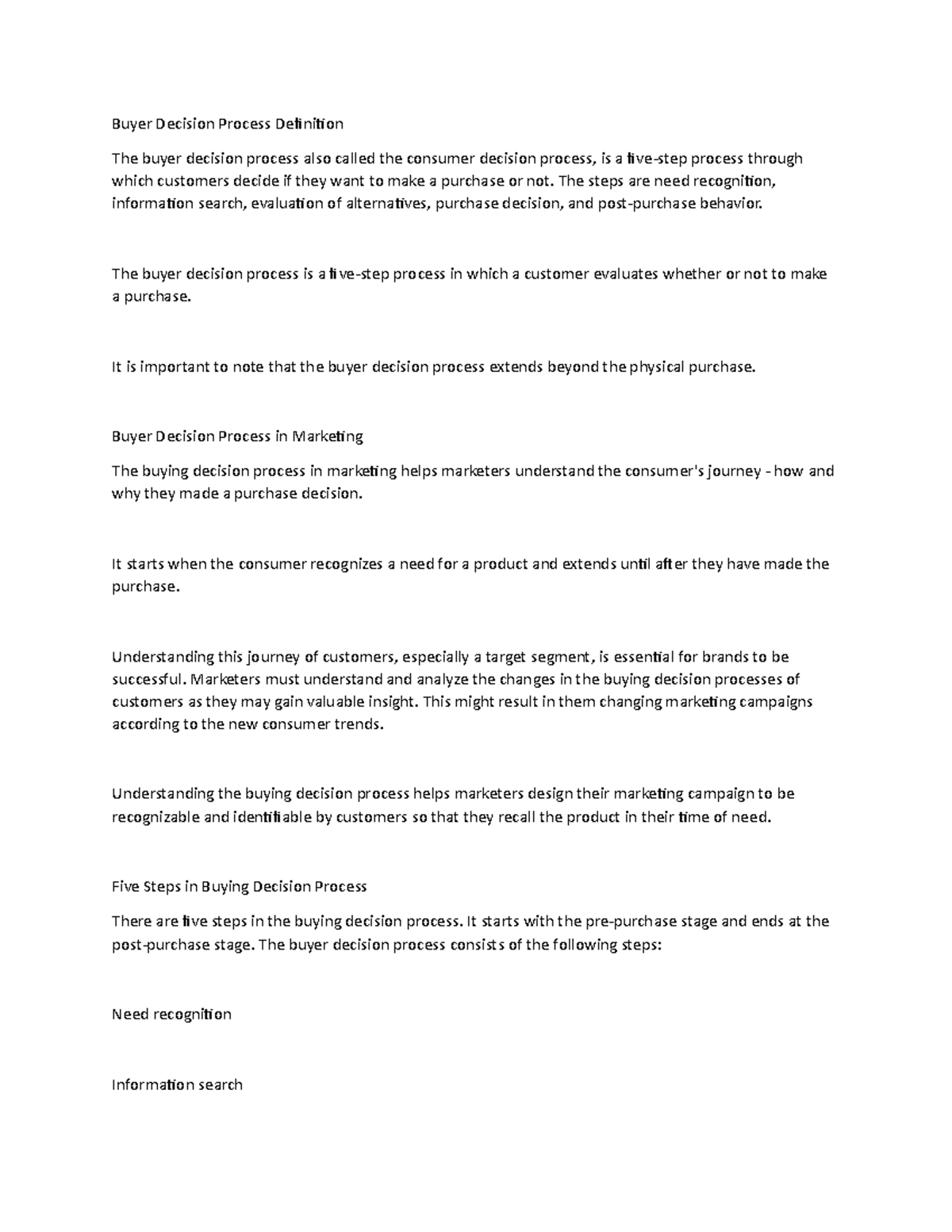 Buyer Decision Process - The steps are need recognition,information ...