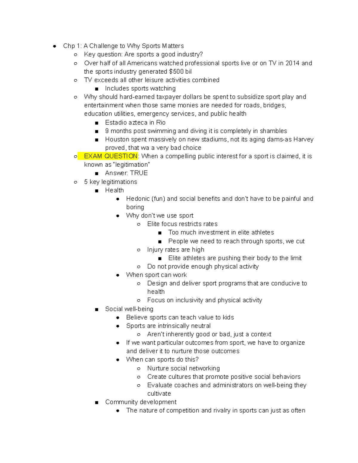 Lecture Notes Exam 1 - Chp 1: A Challenge to Why Sports Matters Key ...