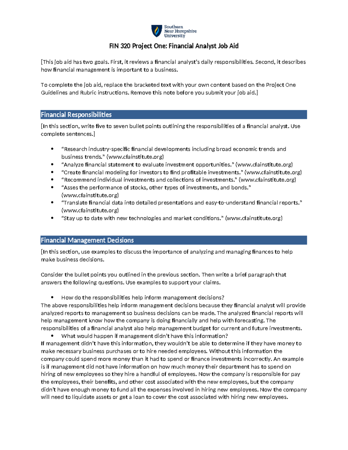 FIN 320 Project One Financial Analyst Job Aid - First, it reviews a ...