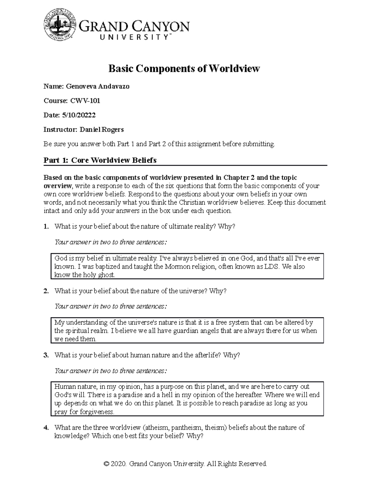 CWV 101 301 RS T1Basic Components Of Worldview - Basic Components of Worldview Name: Genoveva ...