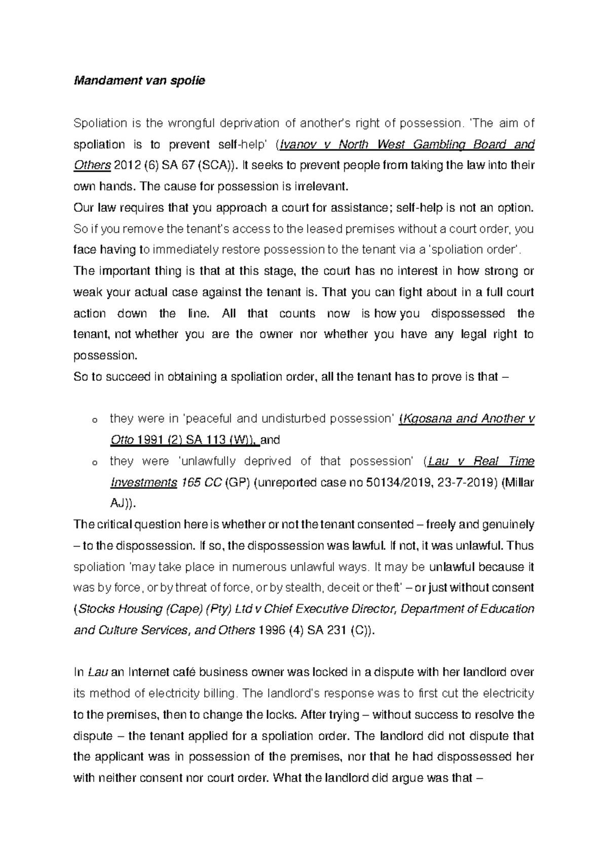 Spoliation and Rei Vindicatio notes - Mandament van spolie Spoliation ...