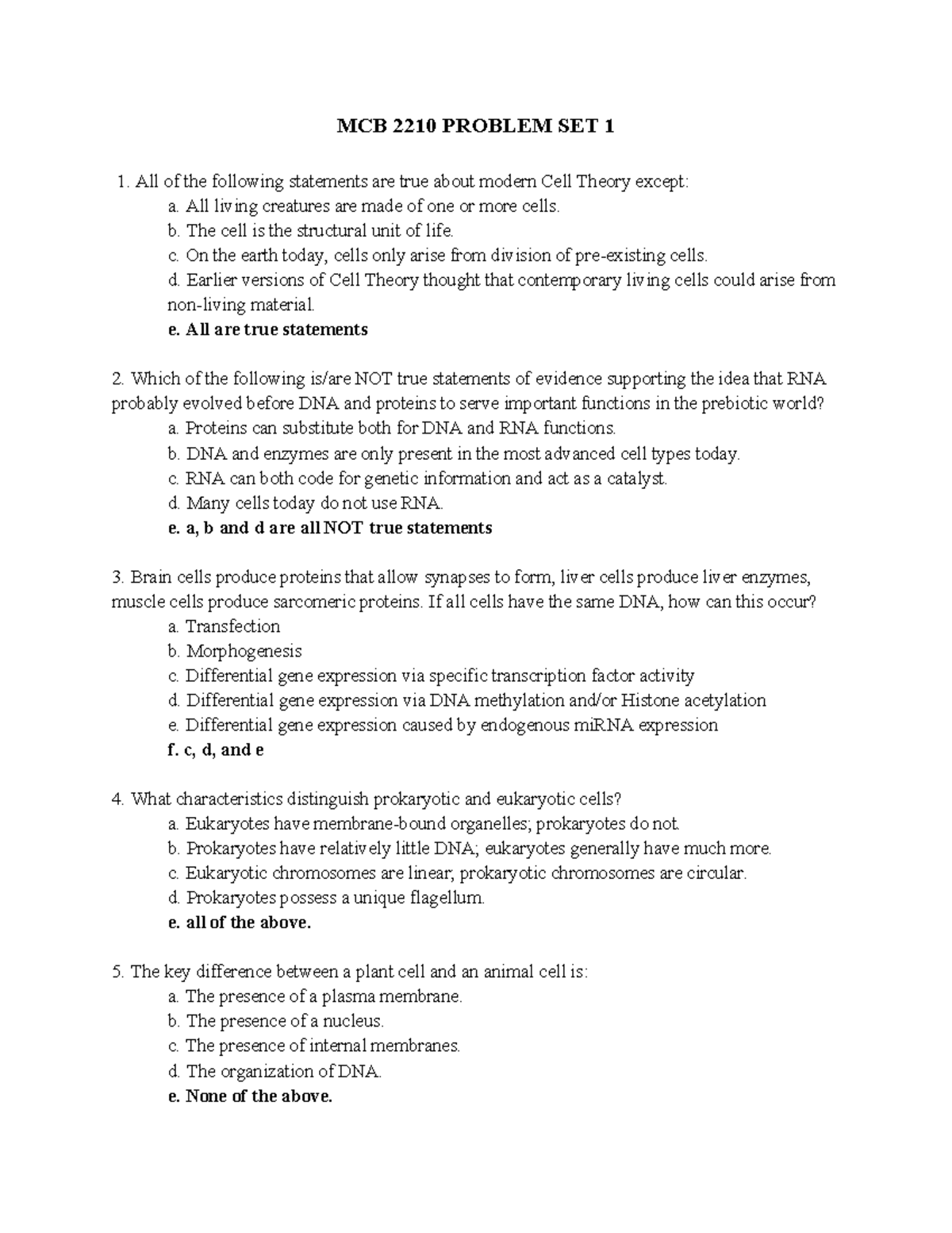 PS1 answers - practice set 1 - MCB 2210 PROBLEM SET 1 All of the following statements are true ...