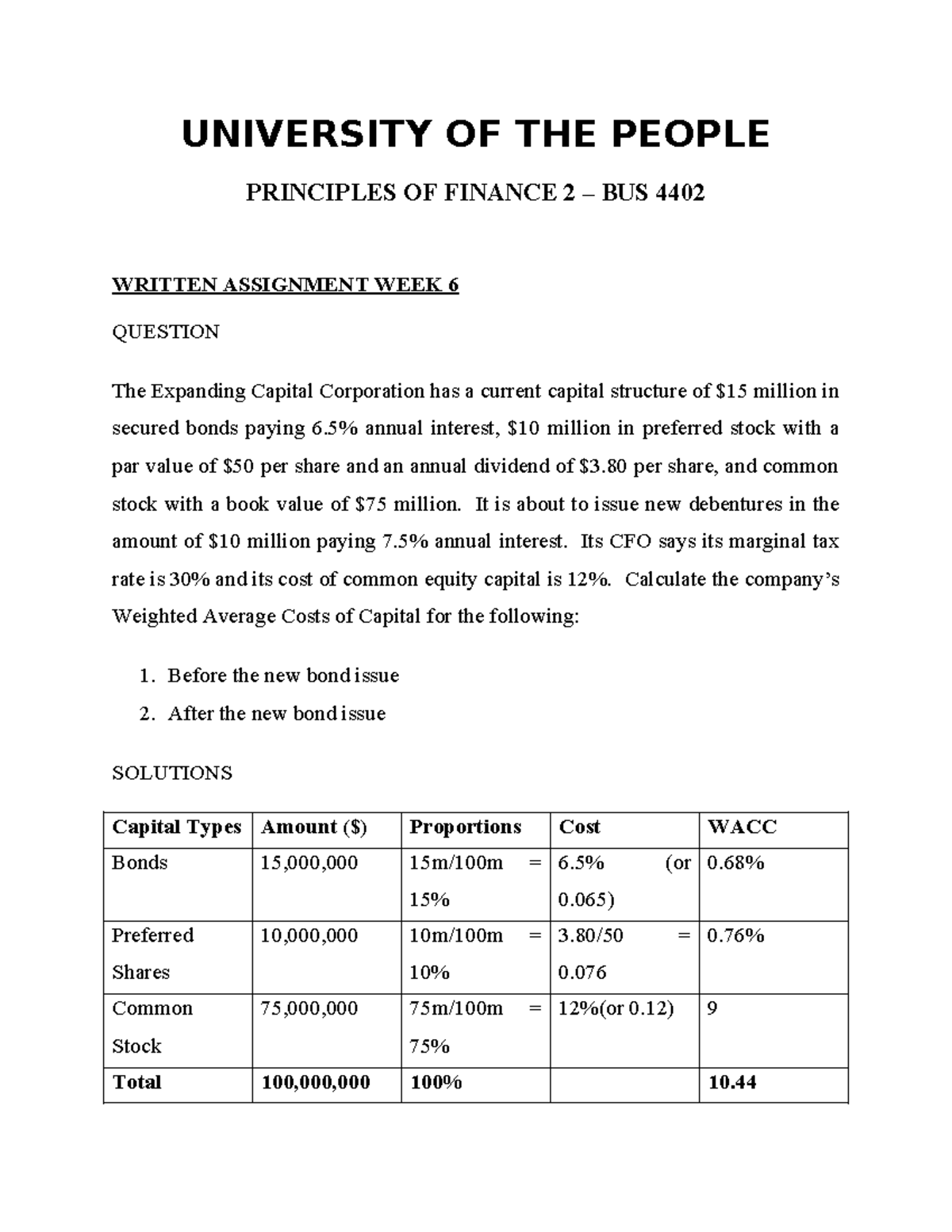 WA WEEK 6 - The Expanding Capital Corporation has a current capital ...