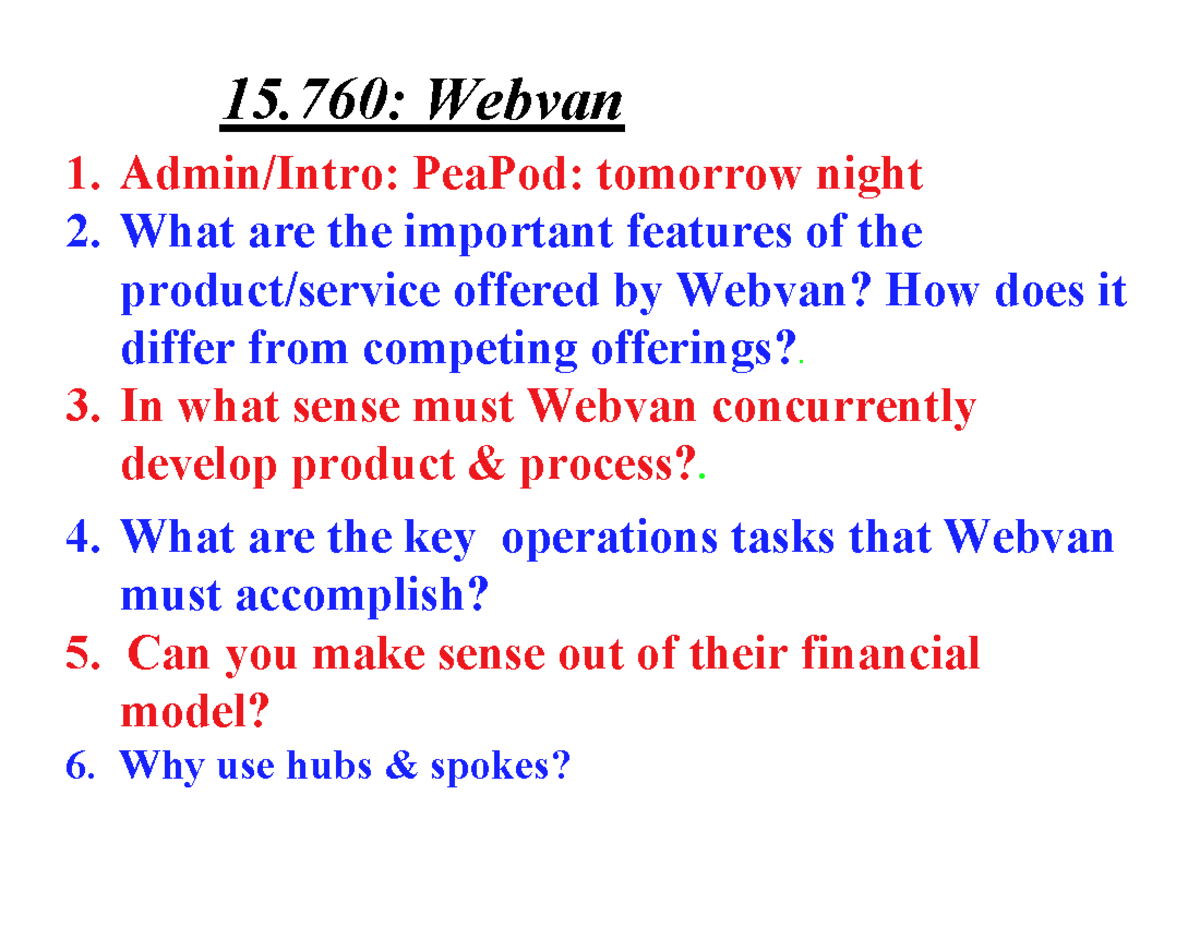 Operation Mangement - 15: Webvan 1. Admin/Intro: PeaPod: tomorrow night ...