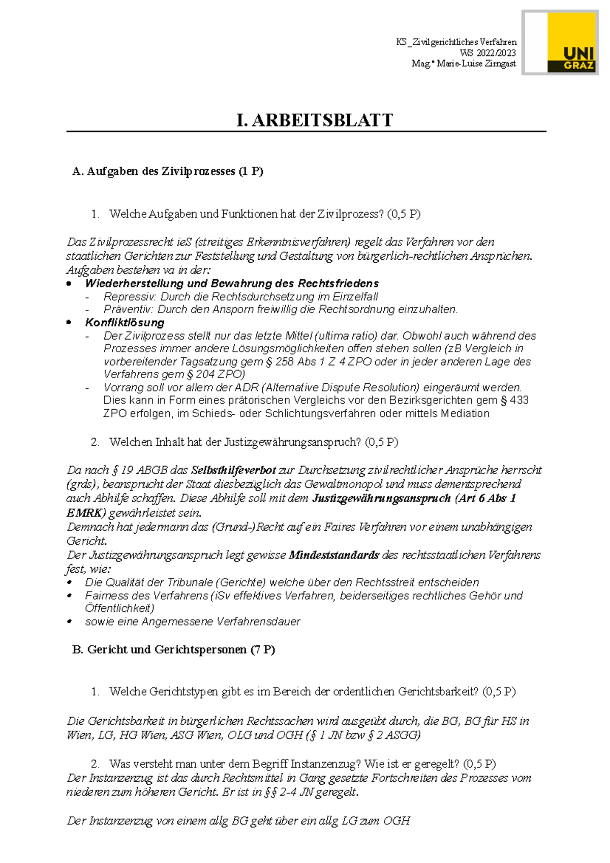 KS ZGV I 1. Arbeitsblatt - WS 2022/ Mag Marie-Luise Zirngast I ...