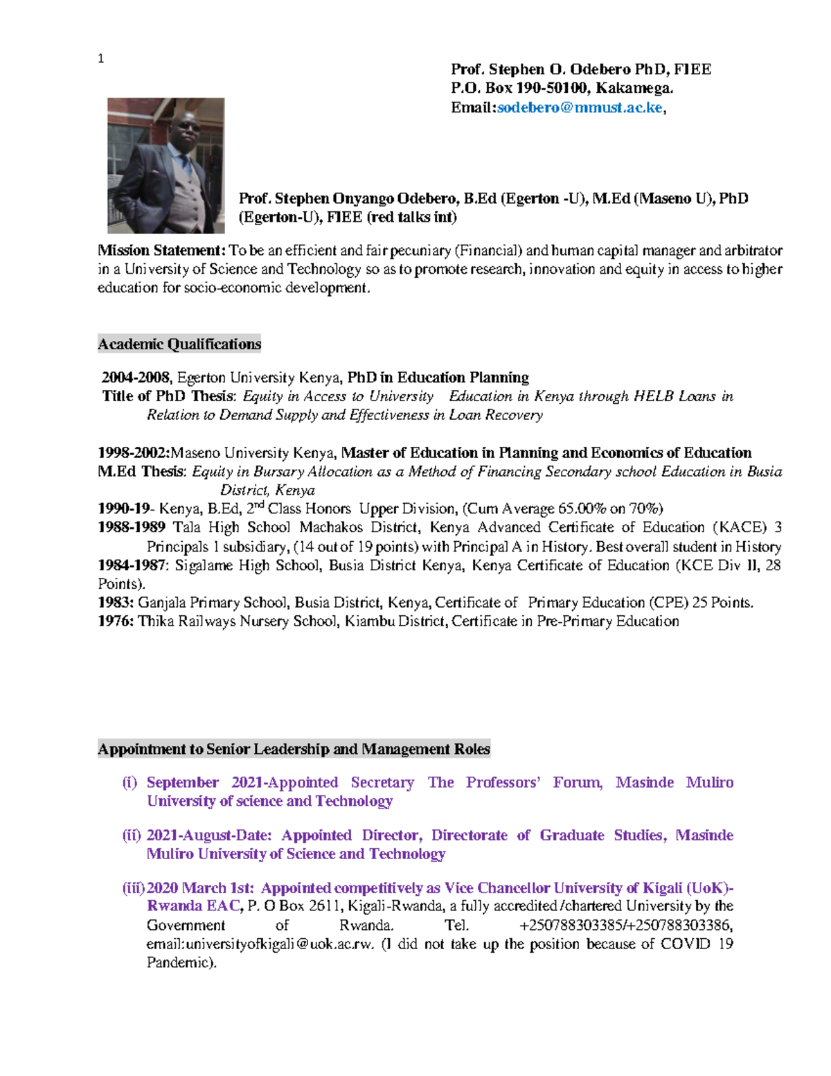Prof - Stephen Onyango Odebero, B (Egerton -U), M (Maseno U), PhD ...