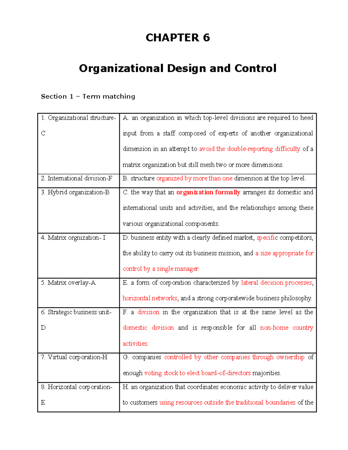 IB Workbook Chapter 6 Done - CHAPTER 6 Organizational Design and ...
