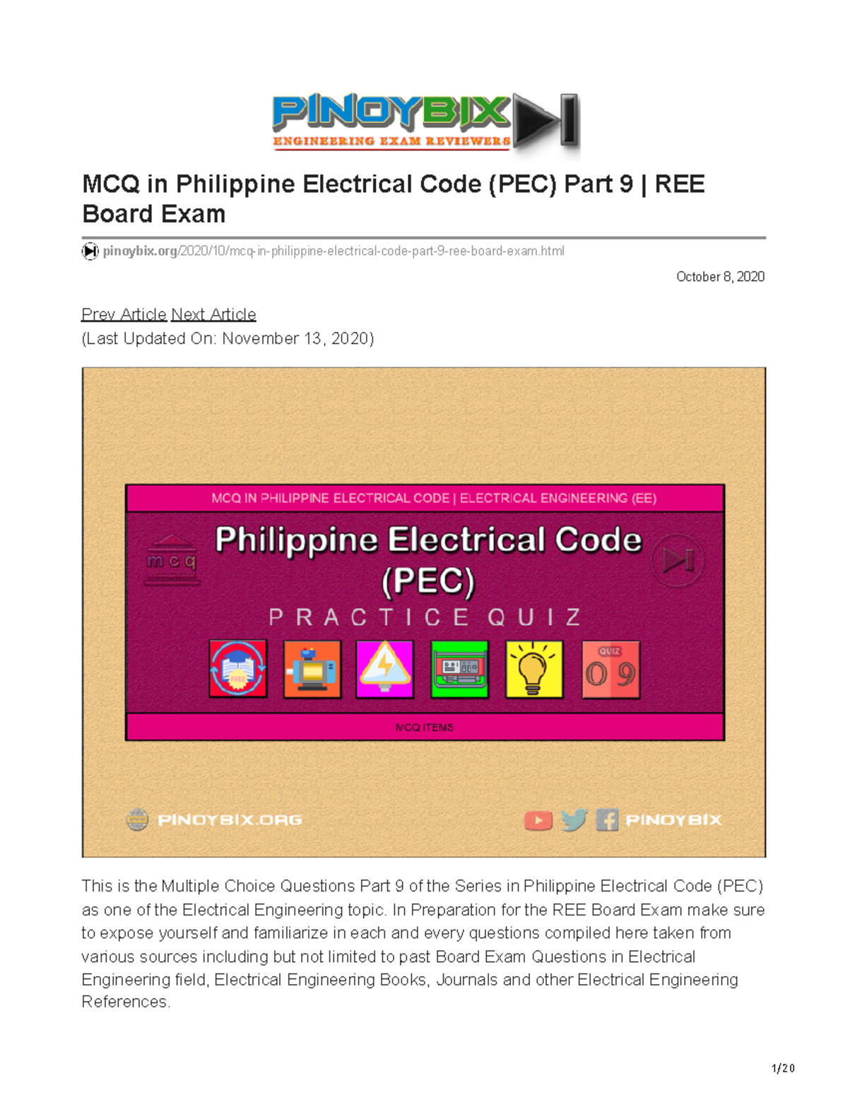 Pinoybix.org-MCQ in Philippine Electrical Code PEC Part 9 REE Board Exam - October 8, 2020 MCQ ...