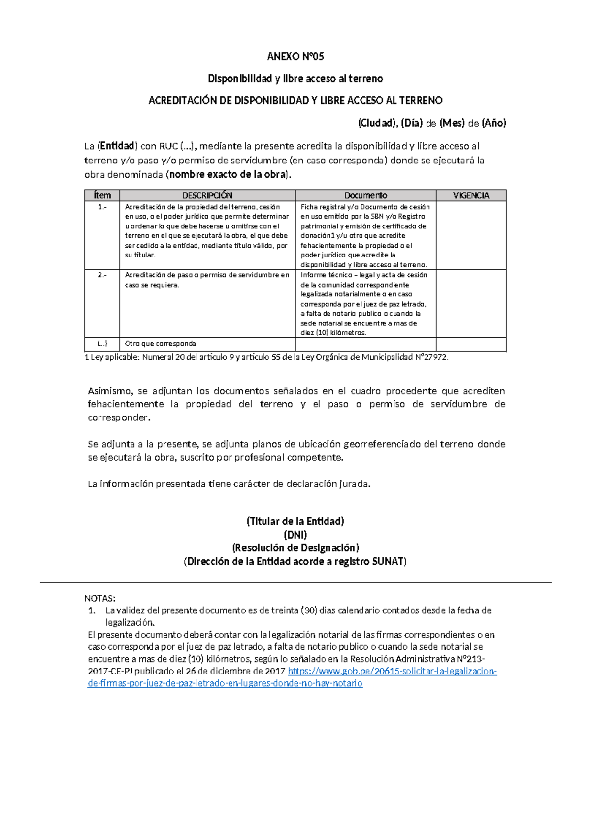 05 Anexo - DFGHJM - ANEXO N° Disponibilidad y libre acceso al terreno ...