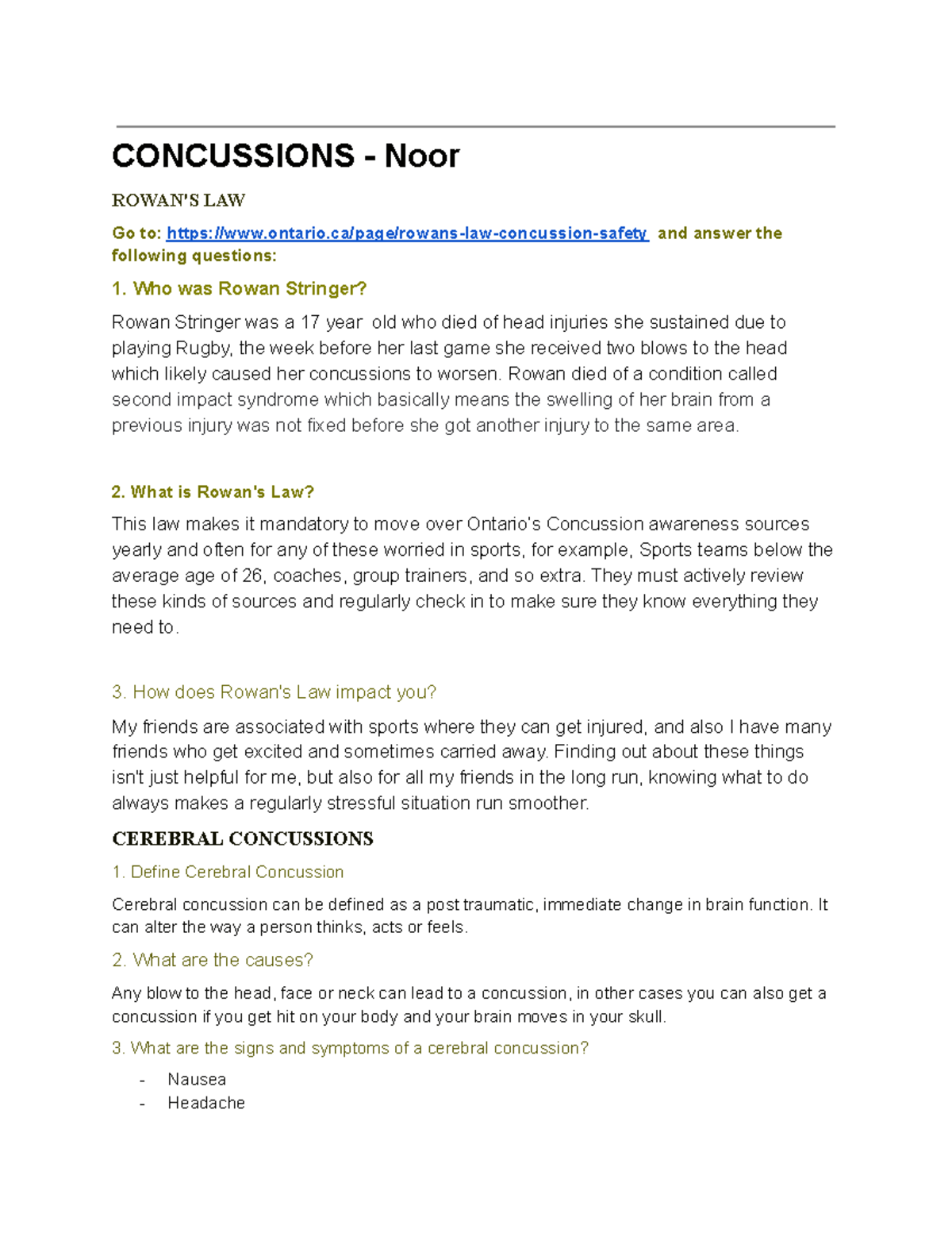 Concussion-Noor - no way - CONCUSSIONS - Noor ROWAN'S LAW Go to: - Studocu