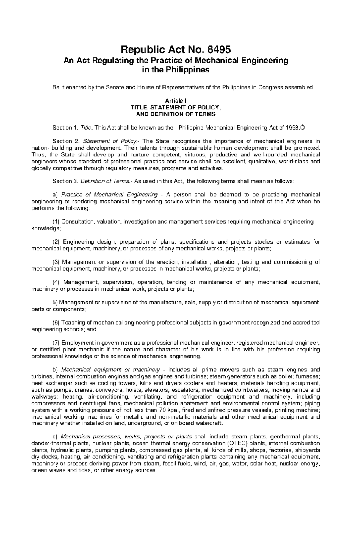 Republic Act 8495 N A Republic Act No 8495 An Act Regulating The