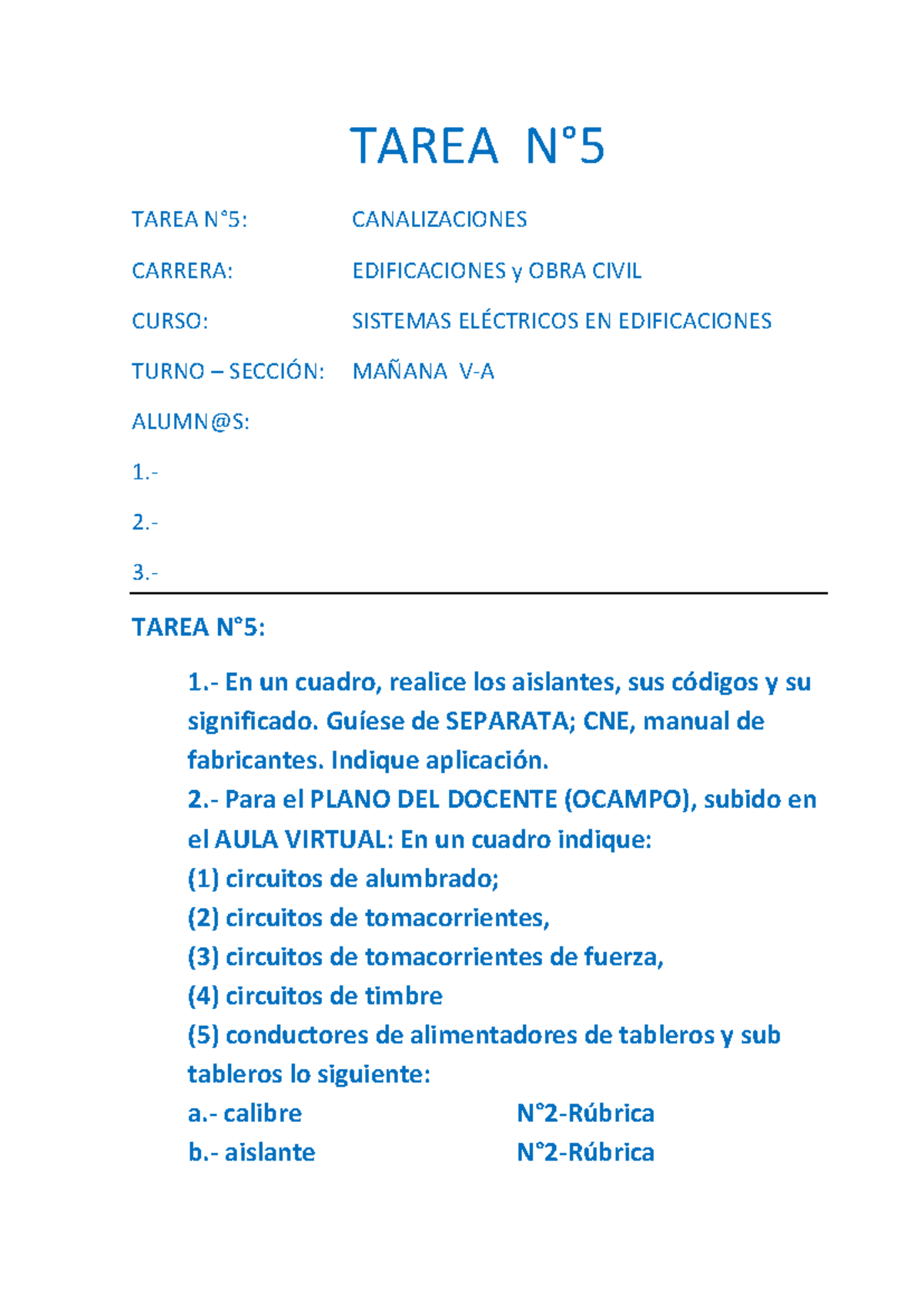 Rúbrica N°5 - Tarea N°5 - rfdud - TAREA N° TAREA N° 5 : CANALIZACIONES CARRERA: EDIFICACIONES y ...