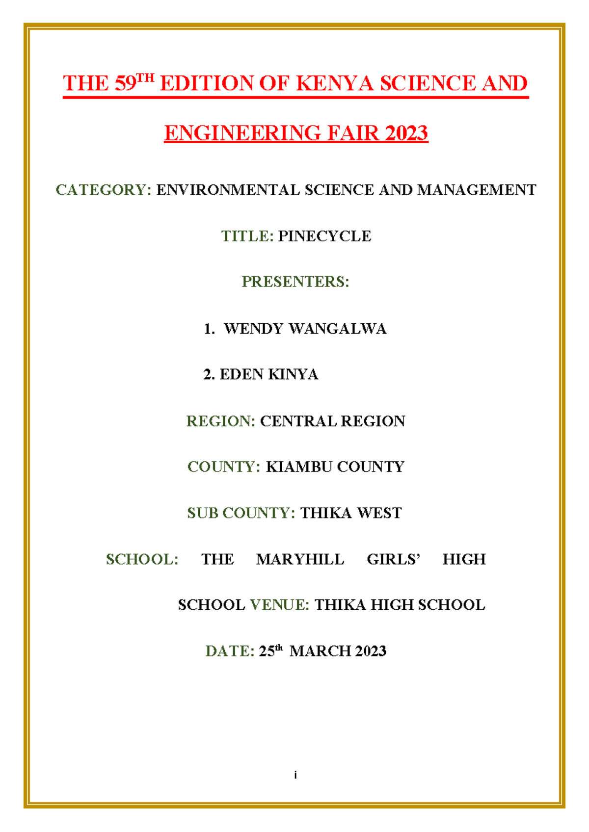 19. Pinecycle Writeup Subcounty - i THE 59 TH EDITION OF KENYA SCIENCE ...