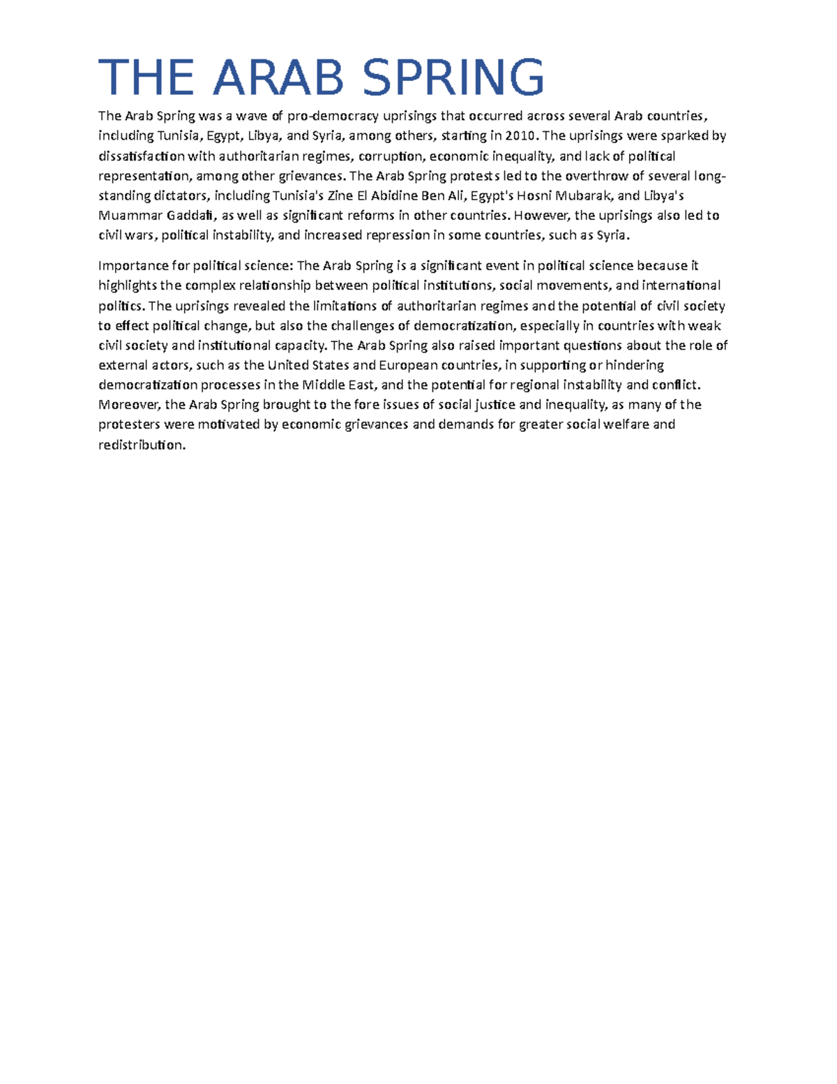 Discussion FORM- Political Science - THE ARAB SPRING The Arab Spring ...