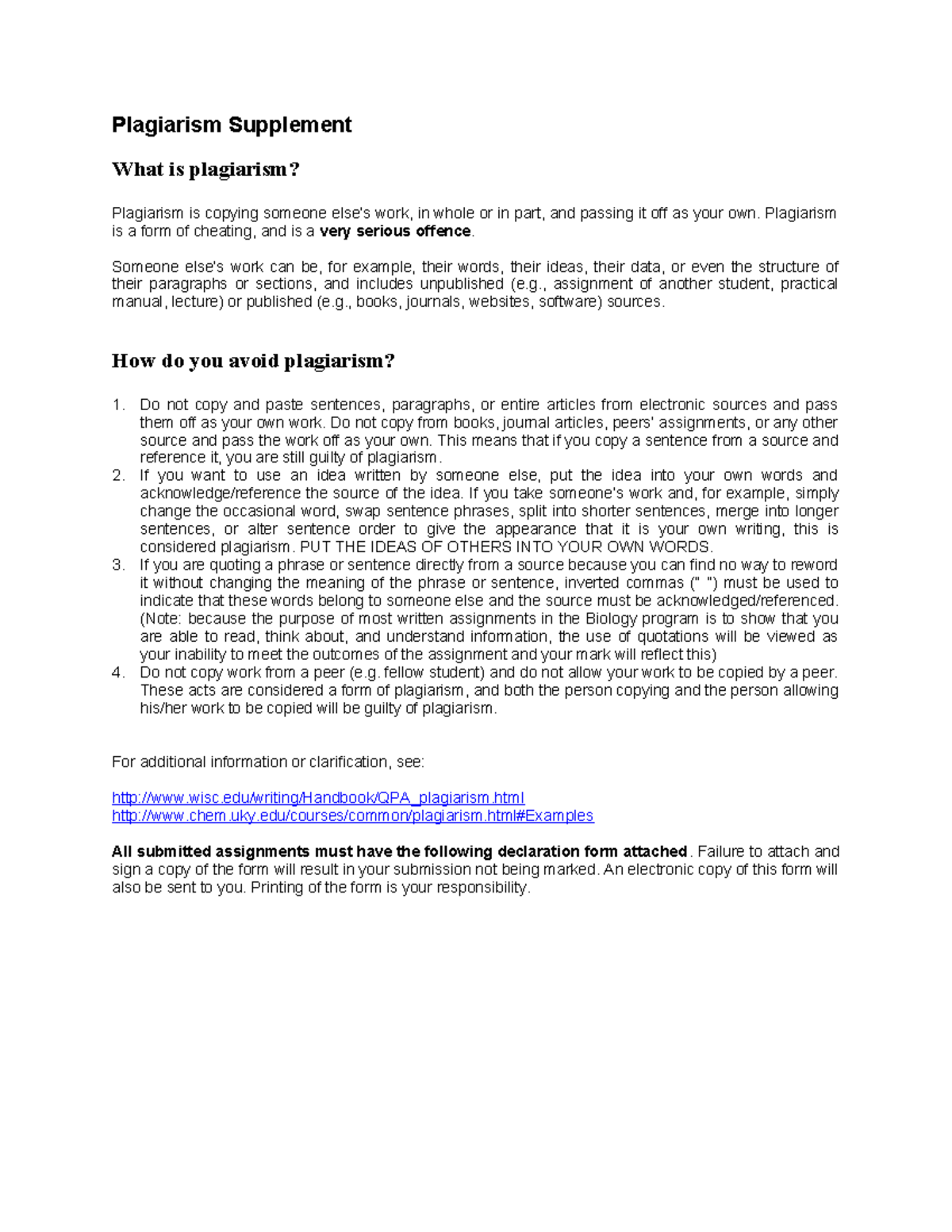 Plagiarism form - notes - Plagiarism Supplement What is plagiarism ...