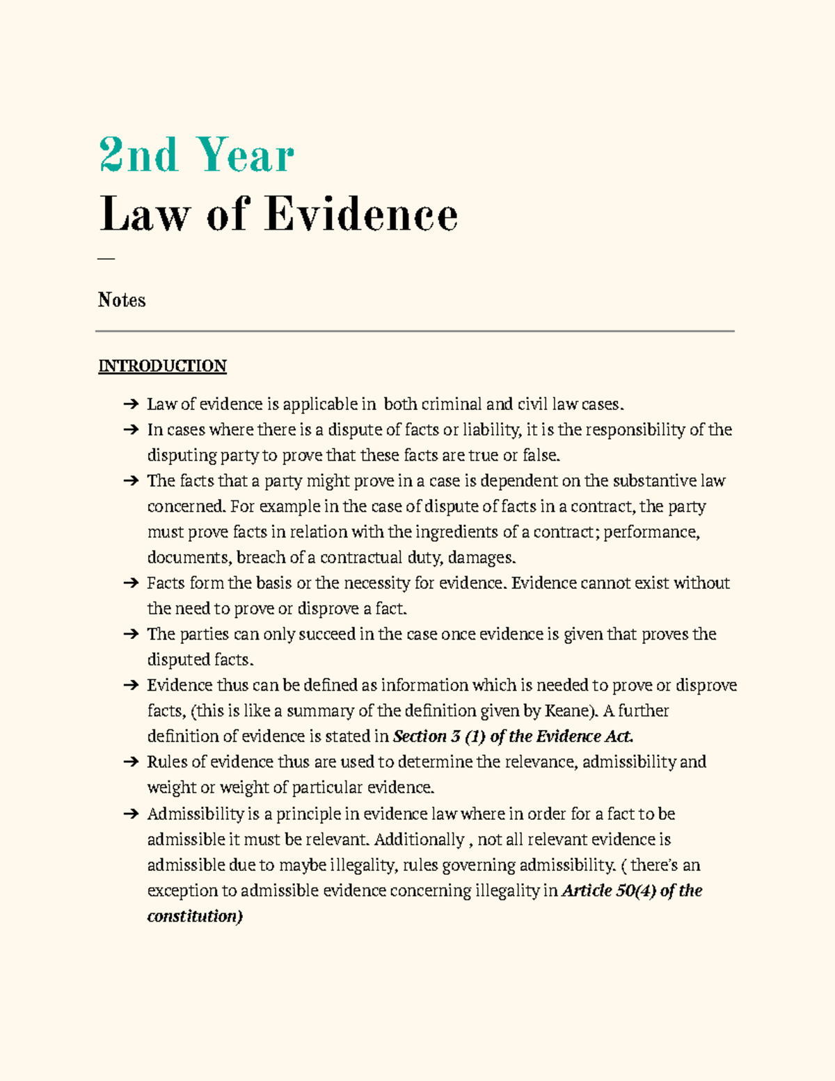 Class notes - 2nd Year Law of Evidence Notes INTRODUCTION Law of ...